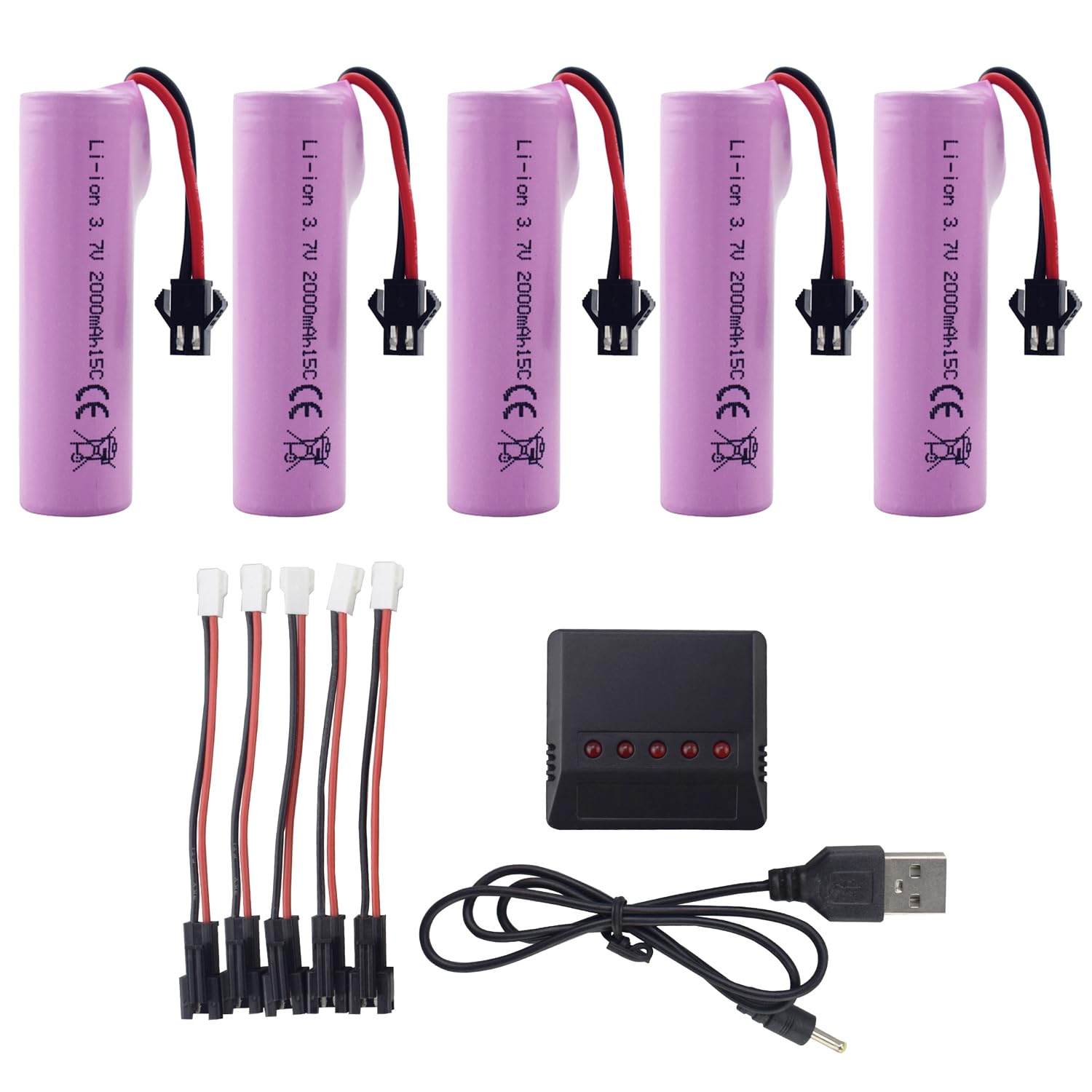 MOONZON 5PCS 3.7V 2000mAh SM-2P Plug Li-ion Battery with 5-in-1 Charger for DE68 DE44 DE45W DE45 DE58 DE49 DE57 DE70 Off-Road Vehicle Truck Tank RC Toy Car Spare Batteries