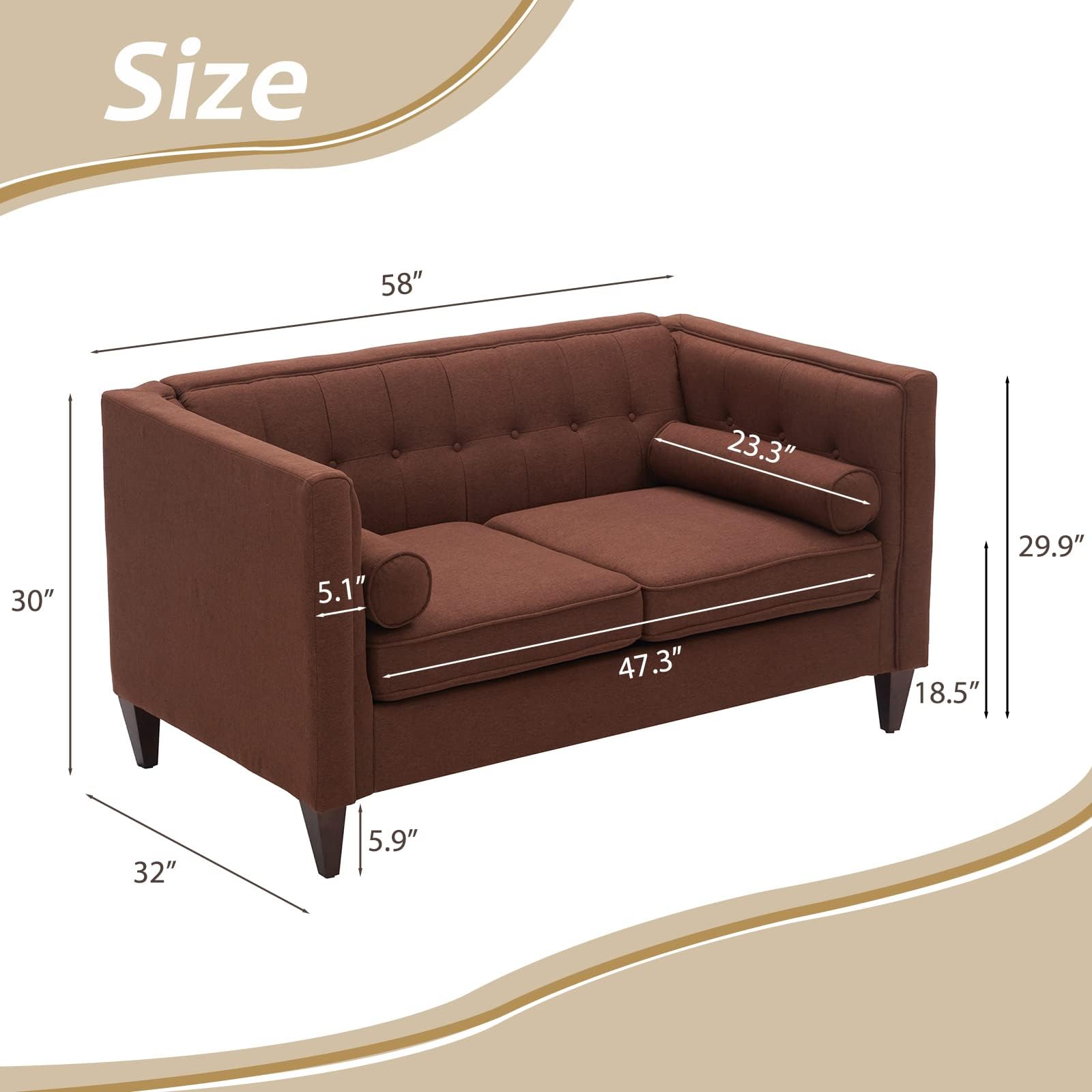 Dreamsir 58Inches Loveseat Sofa, 2 Seater Fabric Sofa Couch with Two Throw Pillows, Solid Wood, Mid Century Modern Couch for Living Room, Small Space, Apartment(Brown) 7097 Linen