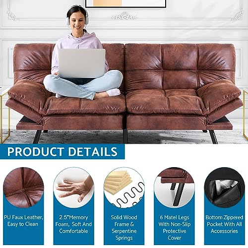 LIFERECORD Futon Sofa Bed Loveseat Sleeper Memory Foam with Adjustable Armrest&Backrest,Modern Convertible Couches for Living Room, Bedroom, Small Spaces, Brown