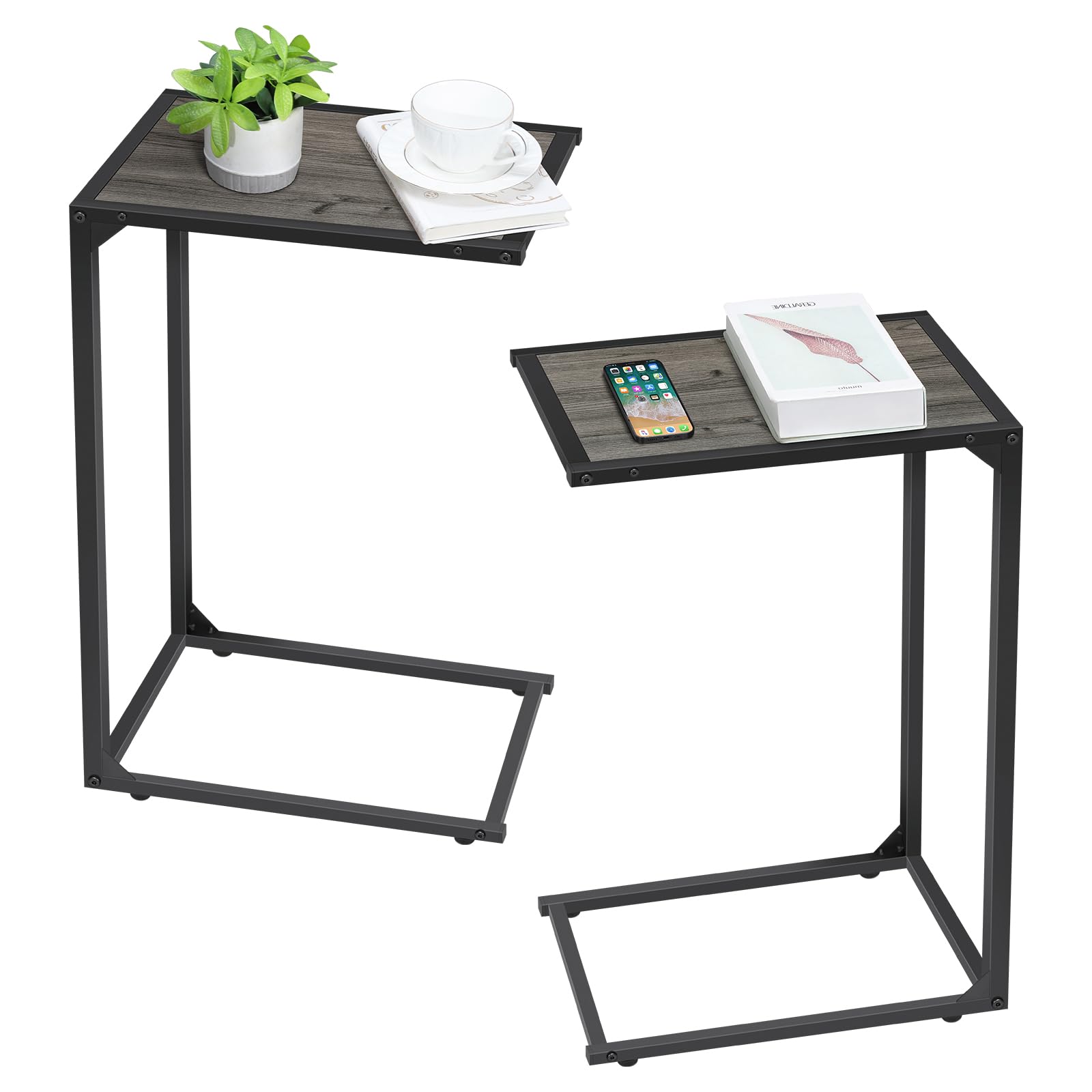 Set of 2 C Shaped End Table, Couch Tables That Slide Under, C Shaped Sofa Table for Couch, C Tray Snack Side Table for Living Room, Bedroom,Sofa, Grey