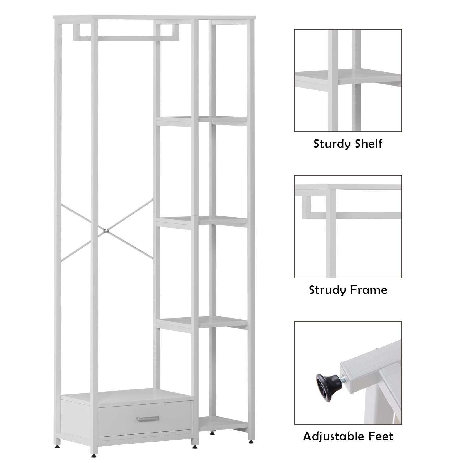 SogesGame Clothes Rack for Hanging Clothes, White Clothing Rack with Shelves and Drawer, Freestanding Garment Rack for Bedroom Wardrobe Rack for Hanging Coats, Shirts, Skirts, Sweaters