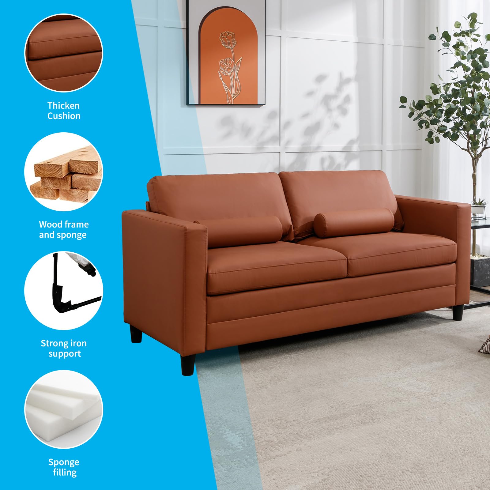 Horgaeo Full Size Pull Out Sofa Bed, 2-in-1 Sleeper Sofa with Cat Scratch Resistant Leather Fabric, Modern Loveseat Couch Bed with Fold Out Mattress for Living Room/Guestroom(Cognac Tan)