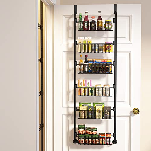 1Easylife 6-Tier Over the Door Pantry Organizer, Heavy-Duty Metal Pantry Door Organizer with 6 Baskets, Hanging Storage Door Organization Kitchen Spice Rack (6x4.72"Width Baskets, Black)