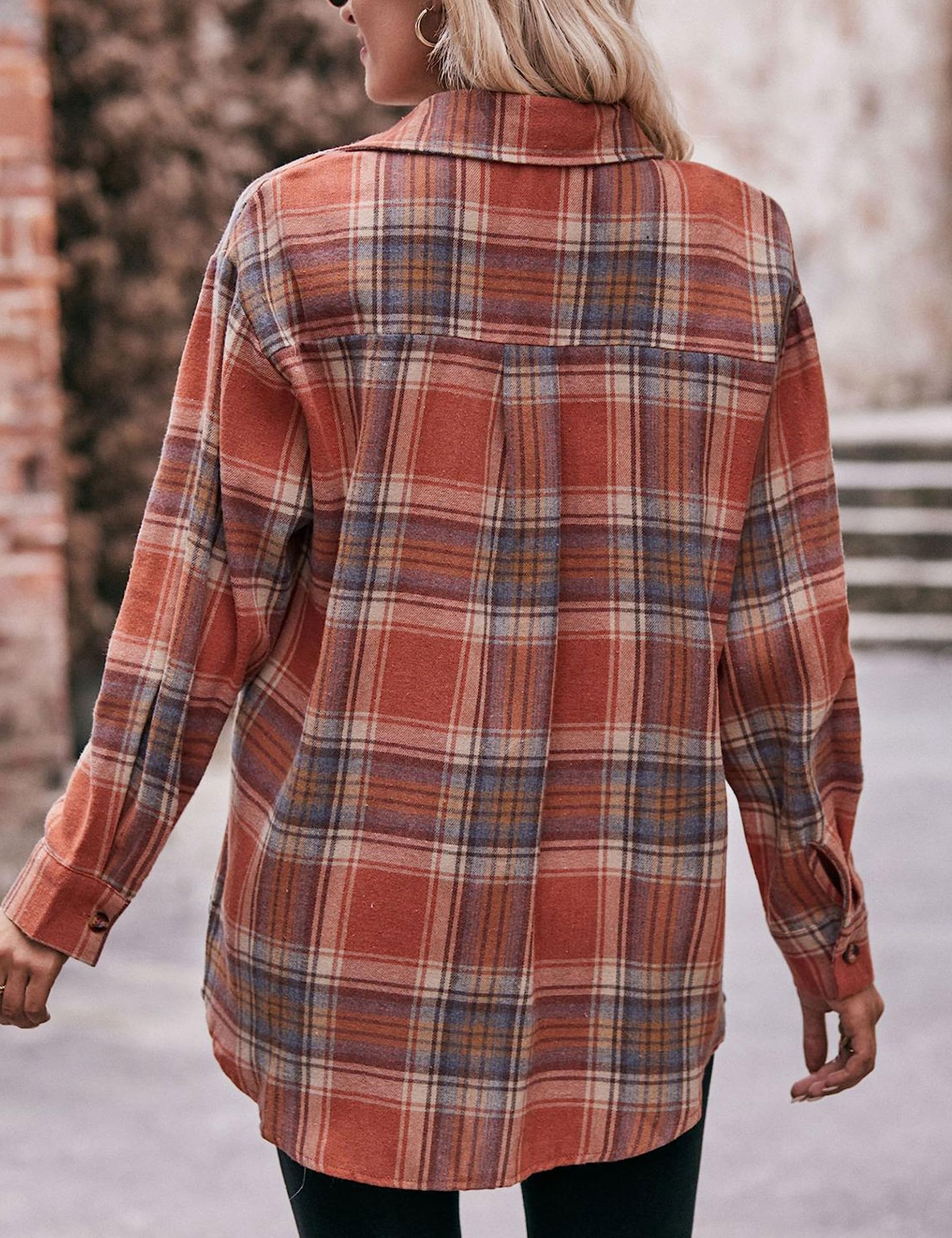 Korebow Women's Lightweight Flannel Plaid Button Down Shirts Oversized Long Sleeve Shacket Jacket Tops(0200-Orange-XL)