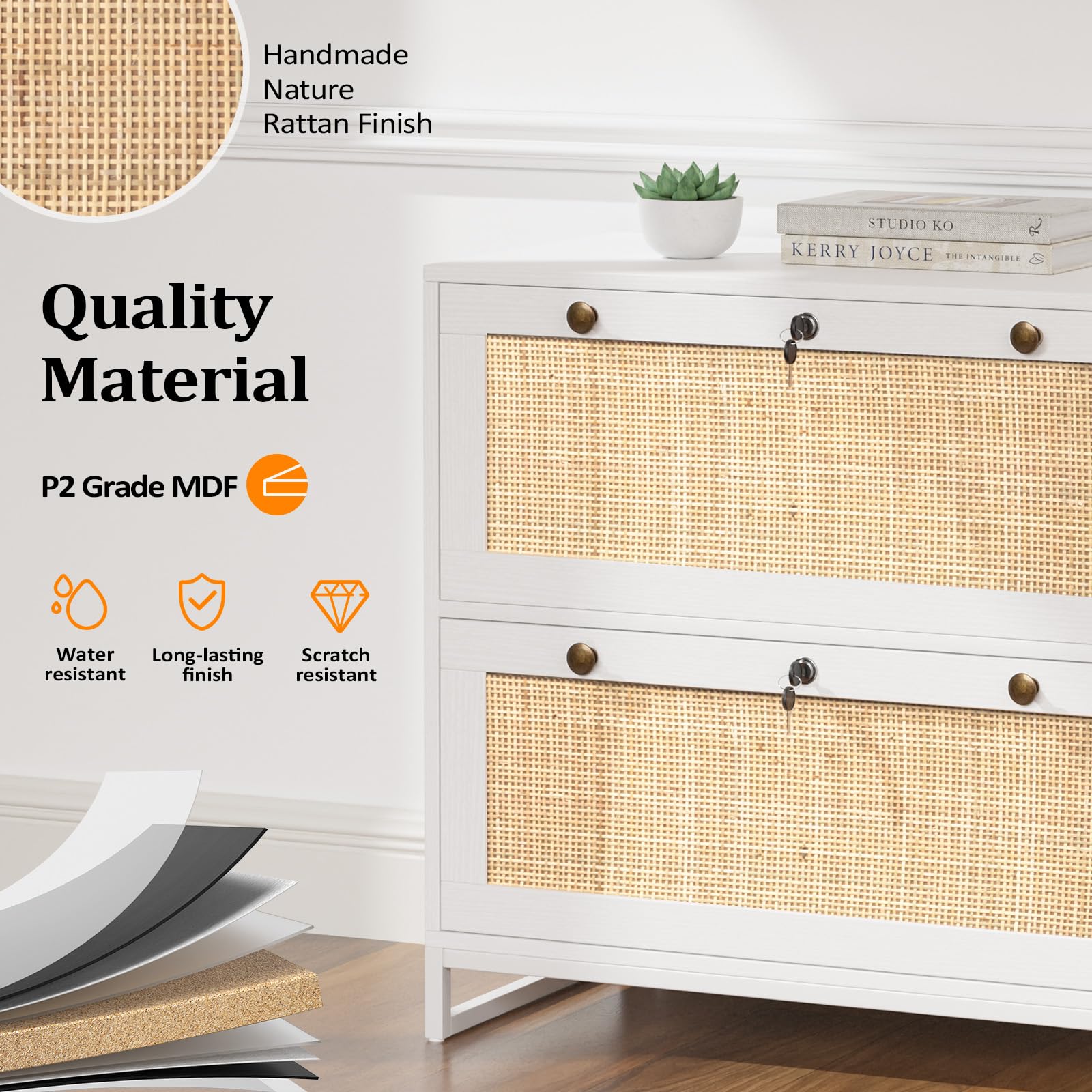 VINGLI White & Natural Rattan 2 Drawer Lateral File Cabinet with Lock, Wood Locking File Cabinets for Home Office, File Cabinet Printer Stand for Hanging Letter/Legal Size Folders, 30W x 16D x 28H