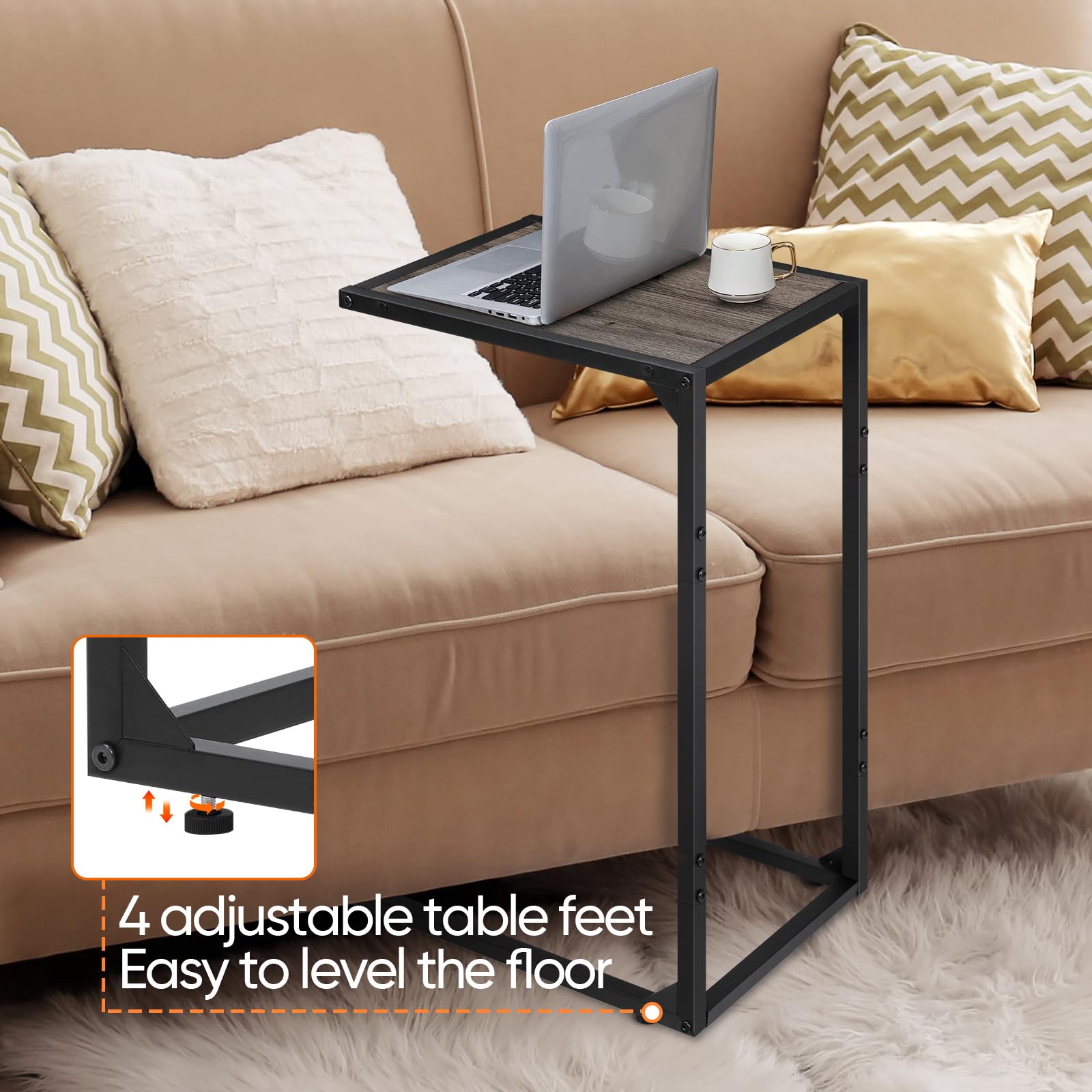Set of 2 C Shaped End Table, Couch Tables That Slide Under, C Shaped Sofa Table for Couch, C Tray Snack Side Table for Living Room, Bedroom,Sofa, Grey
