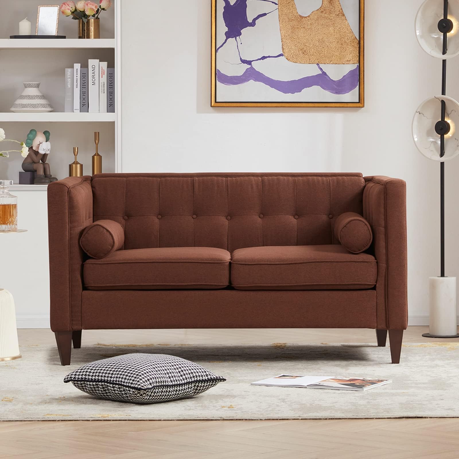 Dreamsir 58Inches Loveseat Sofa, 2 Seater Fabric Sofa Couch with Two Throw Pillows, Solid Wood, Mid Century Modern Couch for Living Room, Small Space, Apartment(Brown) 7097 Linen