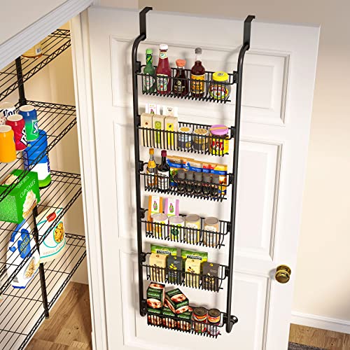 1Easylife 6-Tier Over the Door Pantry Organizer, Heavy-Duty Metal Pantry Door Organizer with 6 Baskets, Hanging Storage Door Organization Kitchen Spice Rack (6x4.72"Width Baskets, Black)