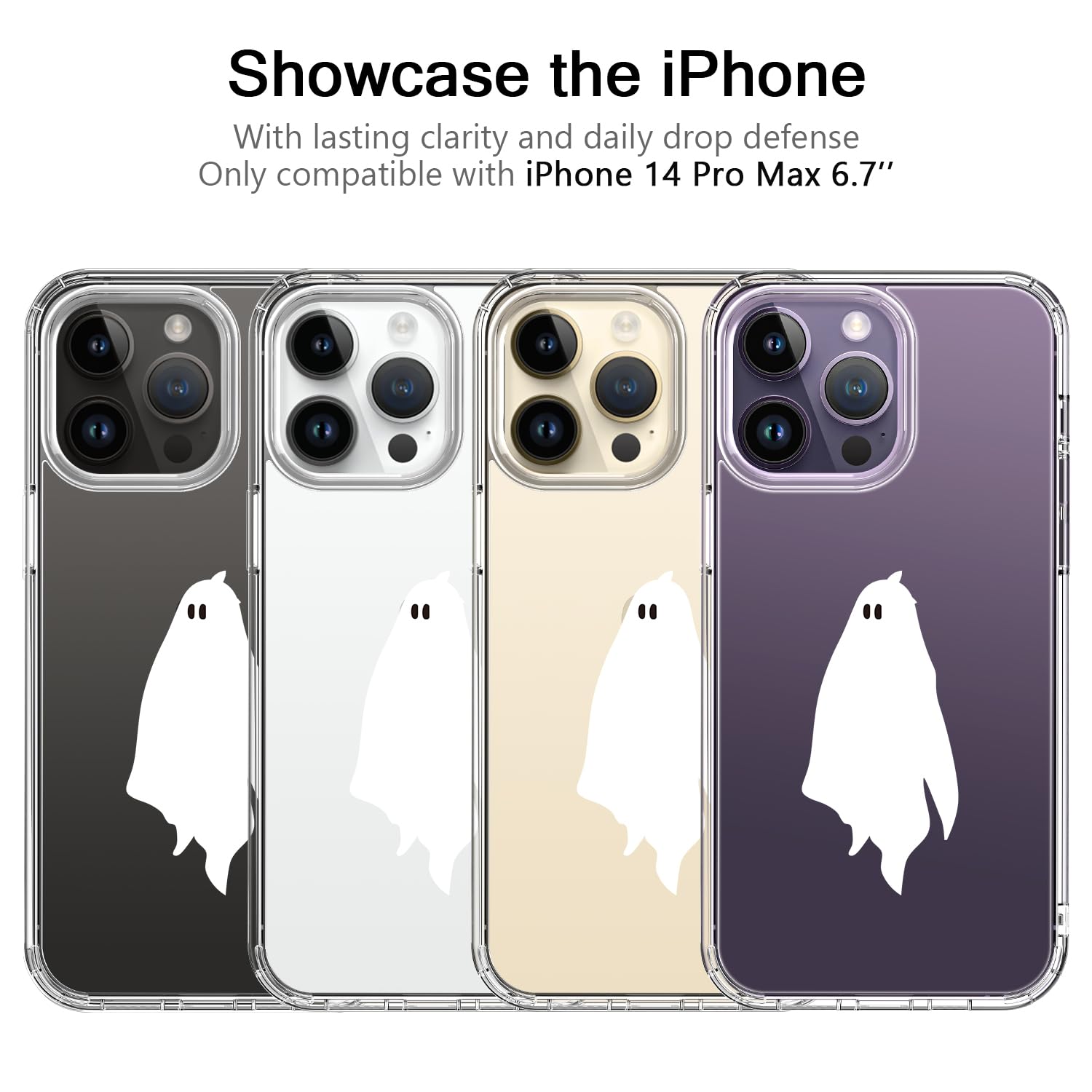 bicol for iPhone 14 Pro Max Case with Clear Fashionable Designs for Women Girls,[with Screen Protector] Slim Fit Shockproof Durable Protective Phone Cover for 6.7 inch,Cute Ghost