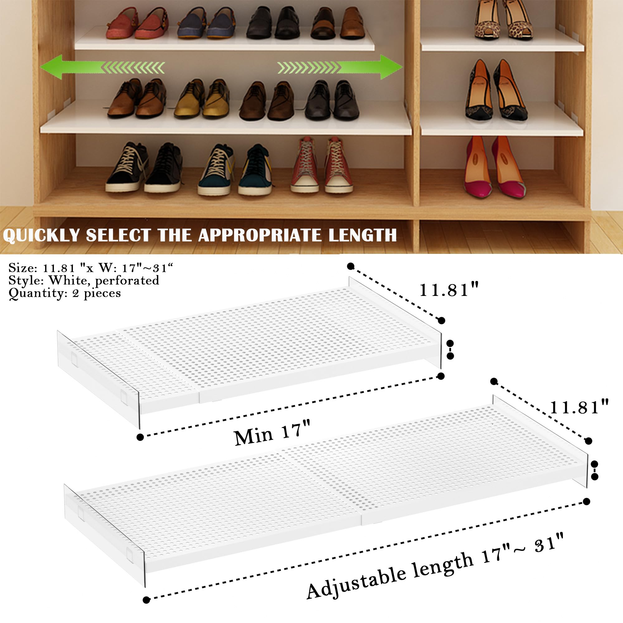 SlimmKISS Expandable Closet Tension Shelves Organizers, Adjustable Shelf for Cabinet Rack Storage Wardrobe Divider Shelving for Pantry 2 Pack (Perforated White,W11.81 x L: 17" to 31")