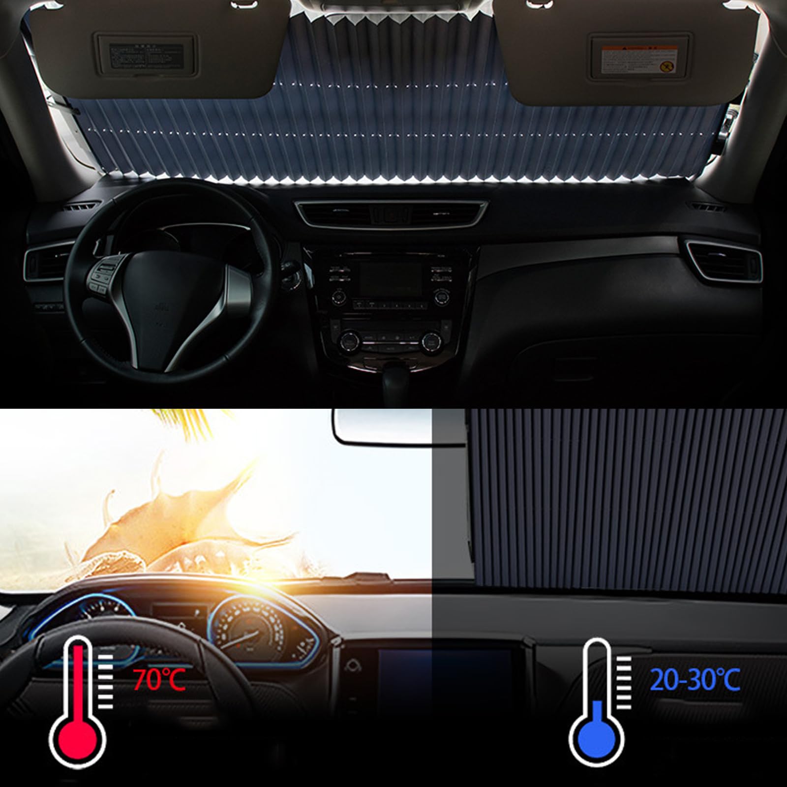 Naitmsad Retractable Windshield Sunshade, Black, Fabric, Roll Up, Extra Large (46cm/18.1in), Car Compatible