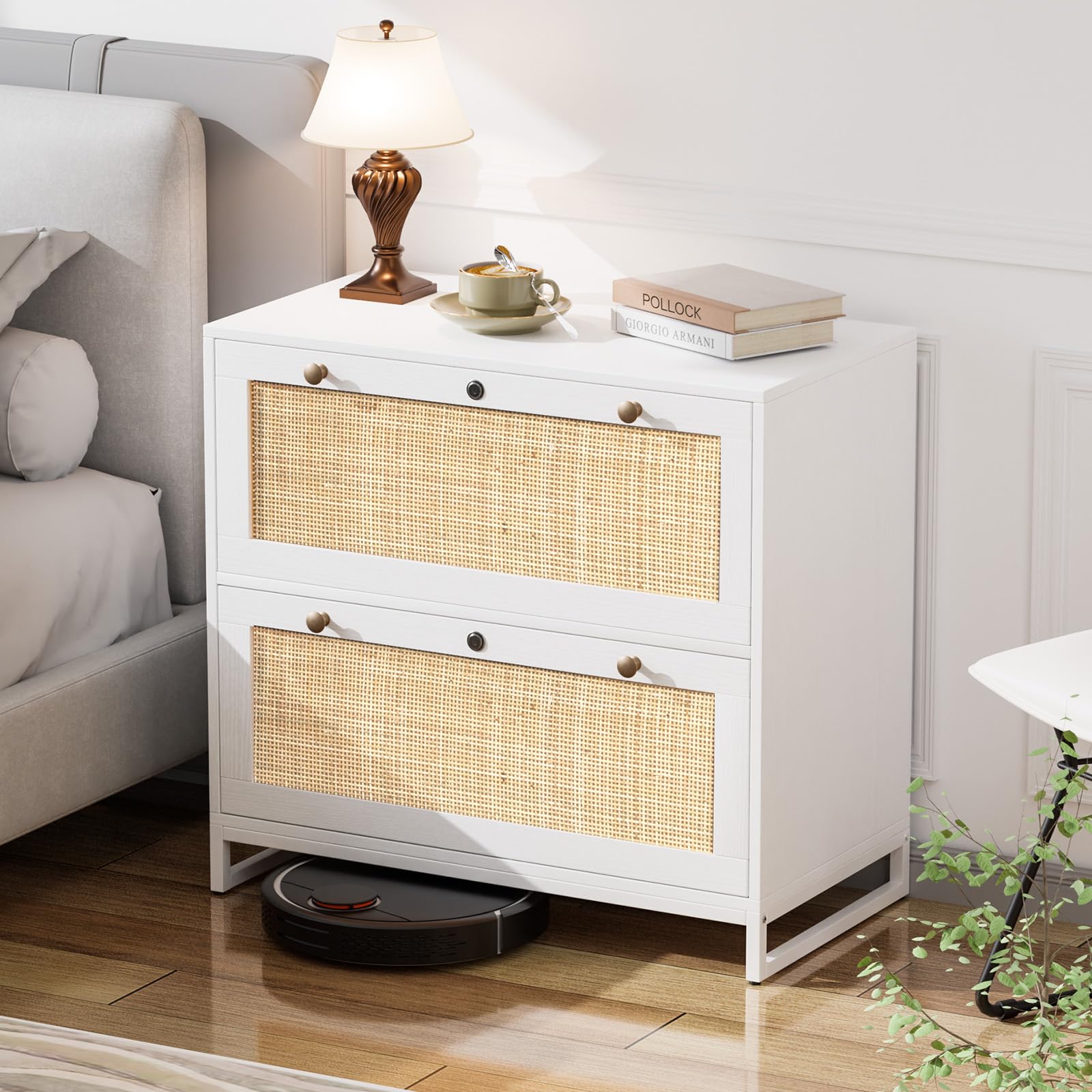 VINGLI White & Natural Rattan 2 Drawer Lateral File Cabinet with Lock, Wood Locking File Cabinets for Home Office, File Cabinet Printer Stand for Hanging Letter/Legal Size Folders, 30W x 16D x 28H