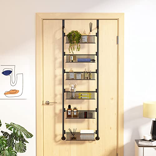 1Easylife 6-Tier Over the Door Pantry Organizer, Heavy-Duty Metal Pantry Door Organizer with 6 Baskets, Hanging Storage Door Organization Kitchen Spice Rack (6x4.72"Width Baskets, Black)