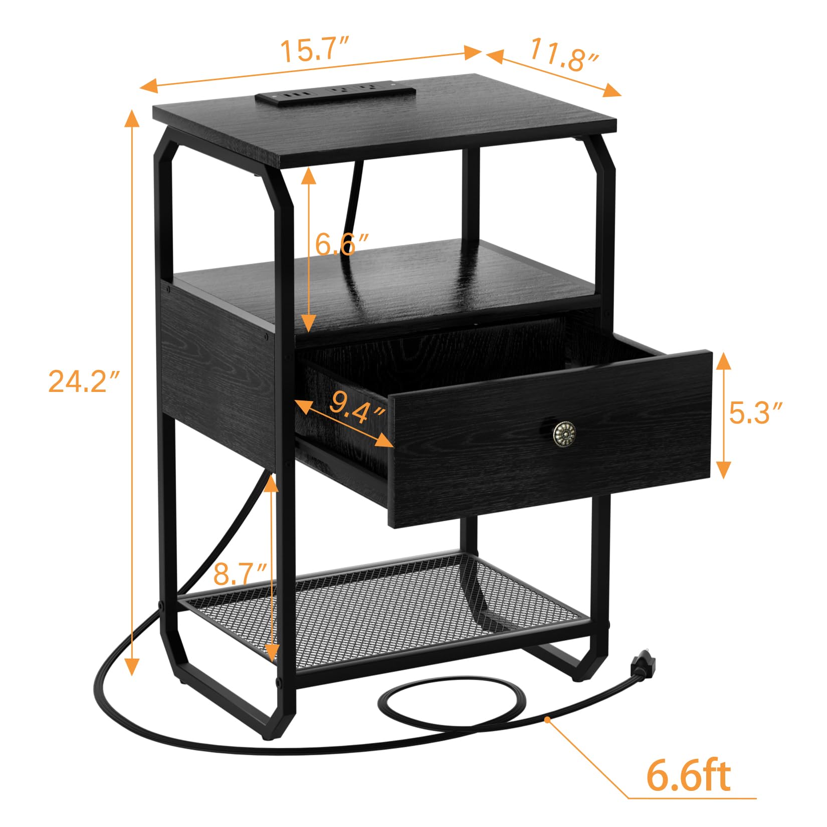 runjuly Black End Table with Charging Station, 3 Tier Night Stand with Wooden Drawer and Storage Shelf, Bedside Table with USB Ports Outlets, Narrow Side Table for Living Room, Bedroom