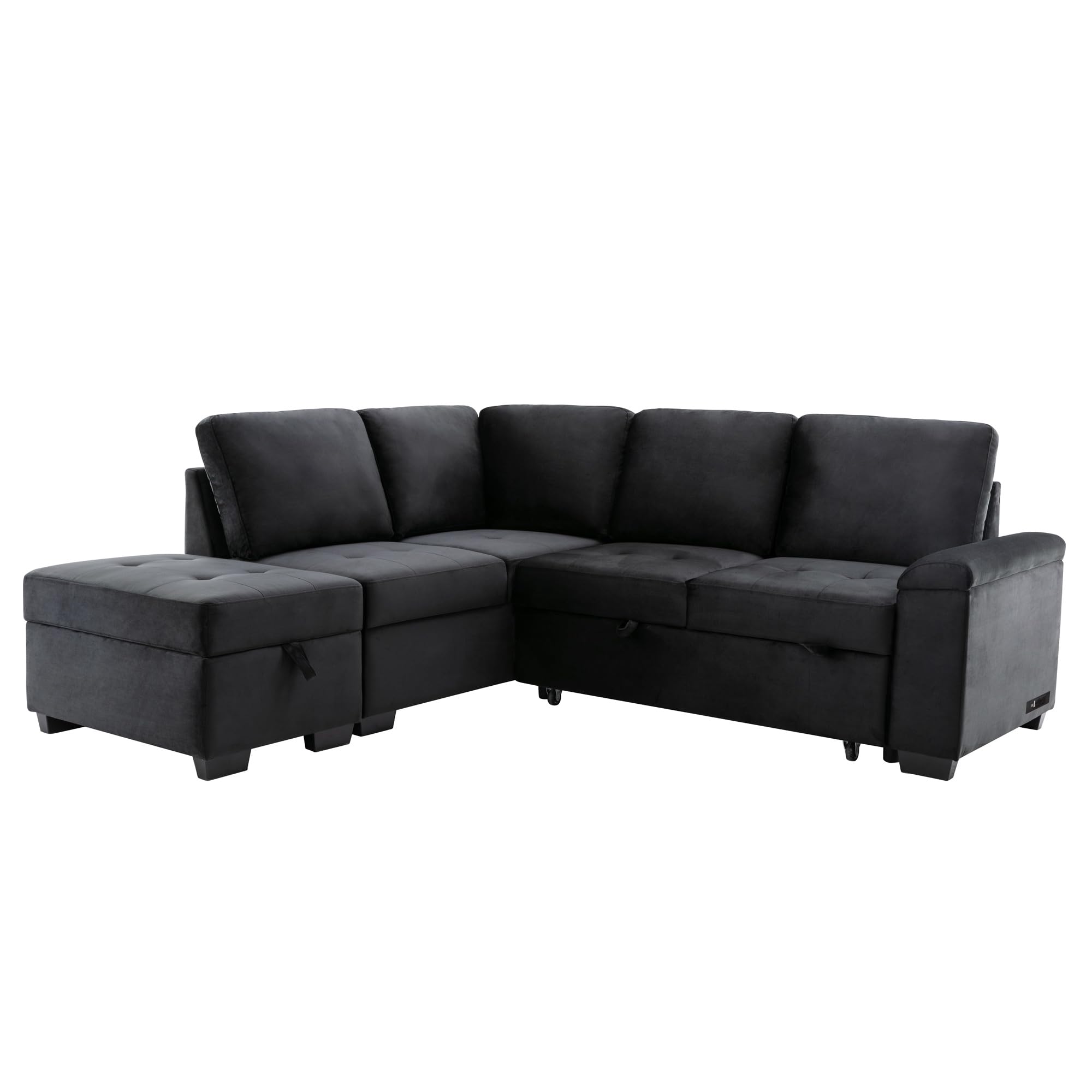Merax Sleeper Sectional, L-Shape Corner Couch Sofa-Bed with Storage Ottoman, Black