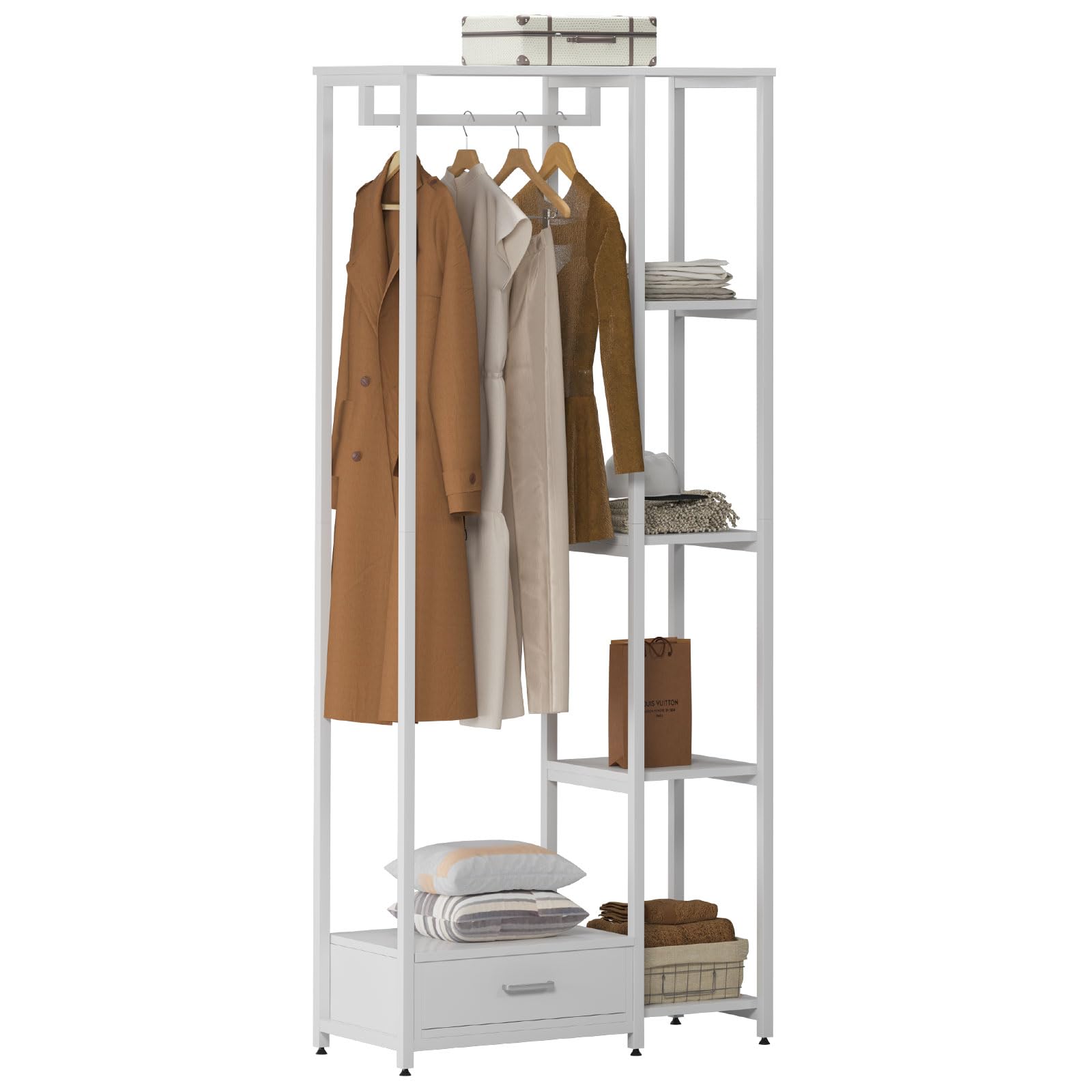 SogesGame Clothes Rack for Hanging Clothes, White Clothing Rack with Shelves and Drawer, Freestanding Garment Rack for Bedroom Wardrobe Rack for Hanging Coats, Shirts, Skirts, Sweaters