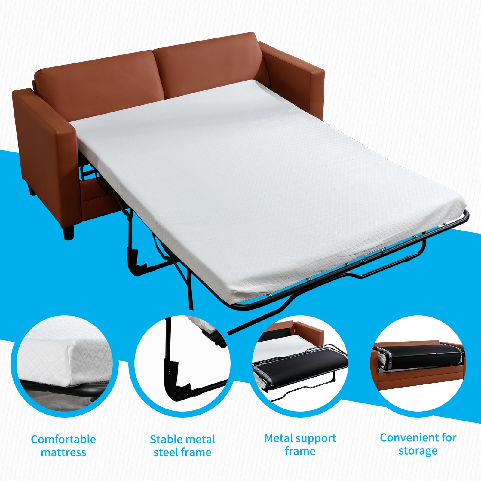 Horgaeo Full Size Pull Out Sofa Bed, 2-in-1 Sleeper Sofa with Cat Scratch Resistant Leather Fabric, Modern Loveseat Couch Bed with Fold Out Mattress for Living Room/Guestroom(Cognac Tan)