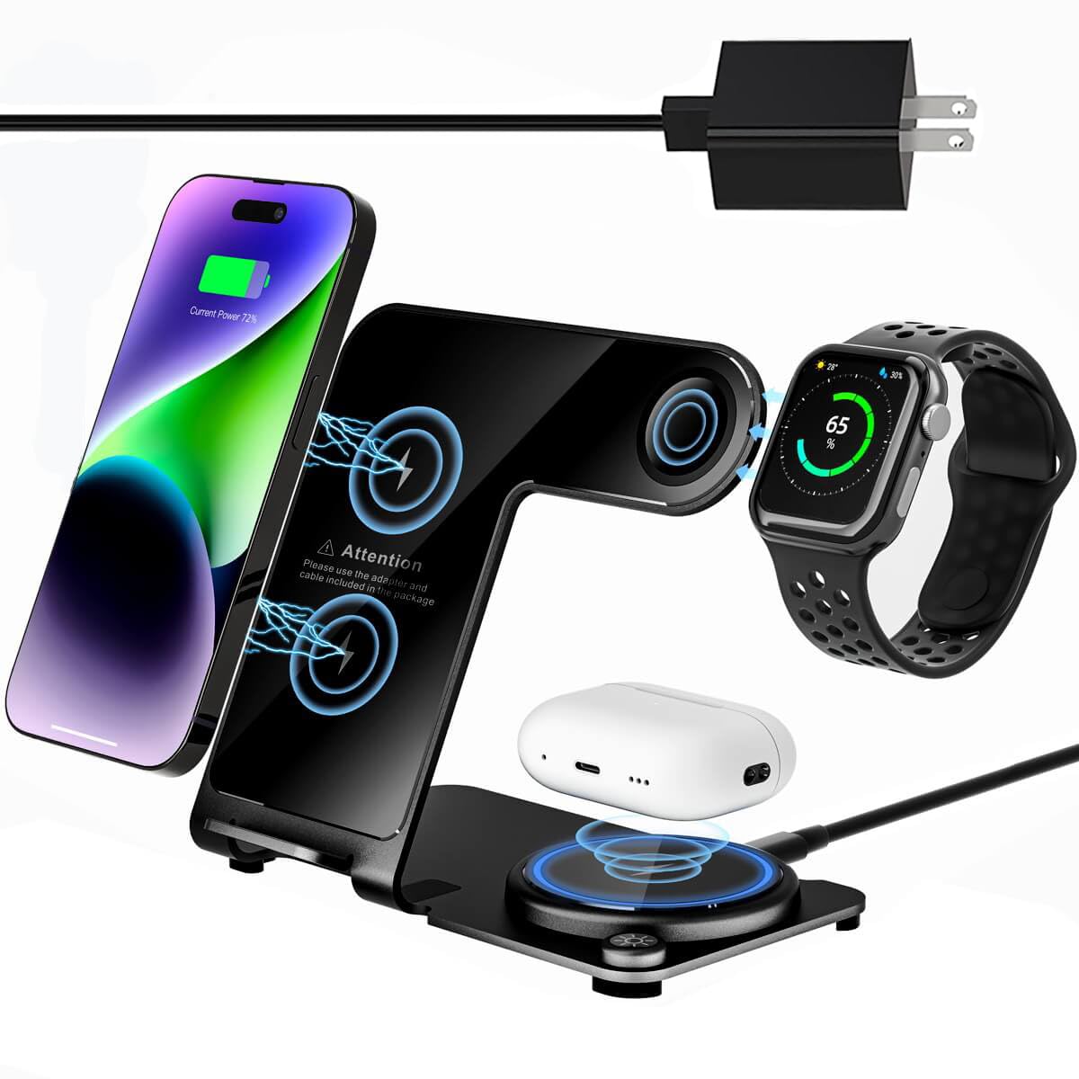 Mlfsaier 3 in 1 Charging Station for Multiple Devices Apple - Aluminum Alloy Fast Wireless Charger Stand Dock for iPhone 15/14/13/12/11/Pro/Max/XS/XR/X/8/Plus,for Apple Watch &AirPods Desk Beside