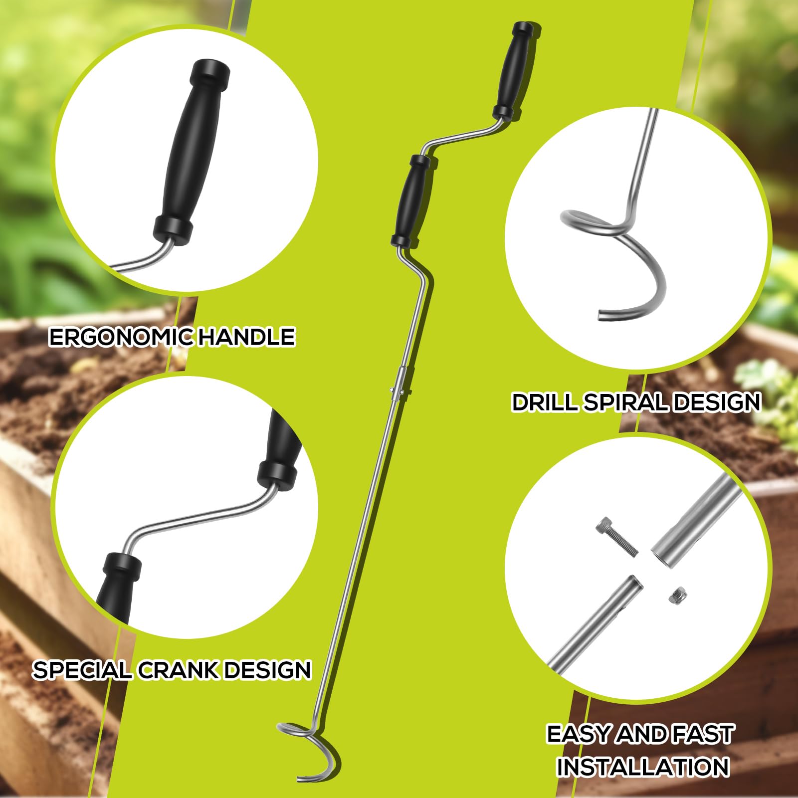 Gisafai Compost Aerator Compost Turner and Mixing Tool Compost Aerator Tool Stainless Steel Compost Aerator Tool Compost Aeration Tool for Outdoor Garden Lawn Composting