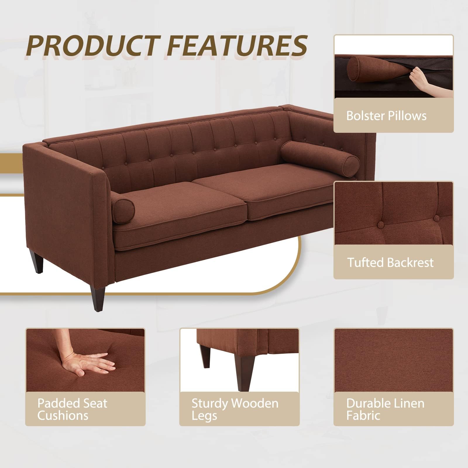 Dreamsir 58Inches Loveseat Sofa, 2 Seater Fabric Sofa Couch with Two Throw Pillows, Solid Wood, Mid Century Modern Couch for Living Room, Small Space, Apartment(Brown) 7097 Linen