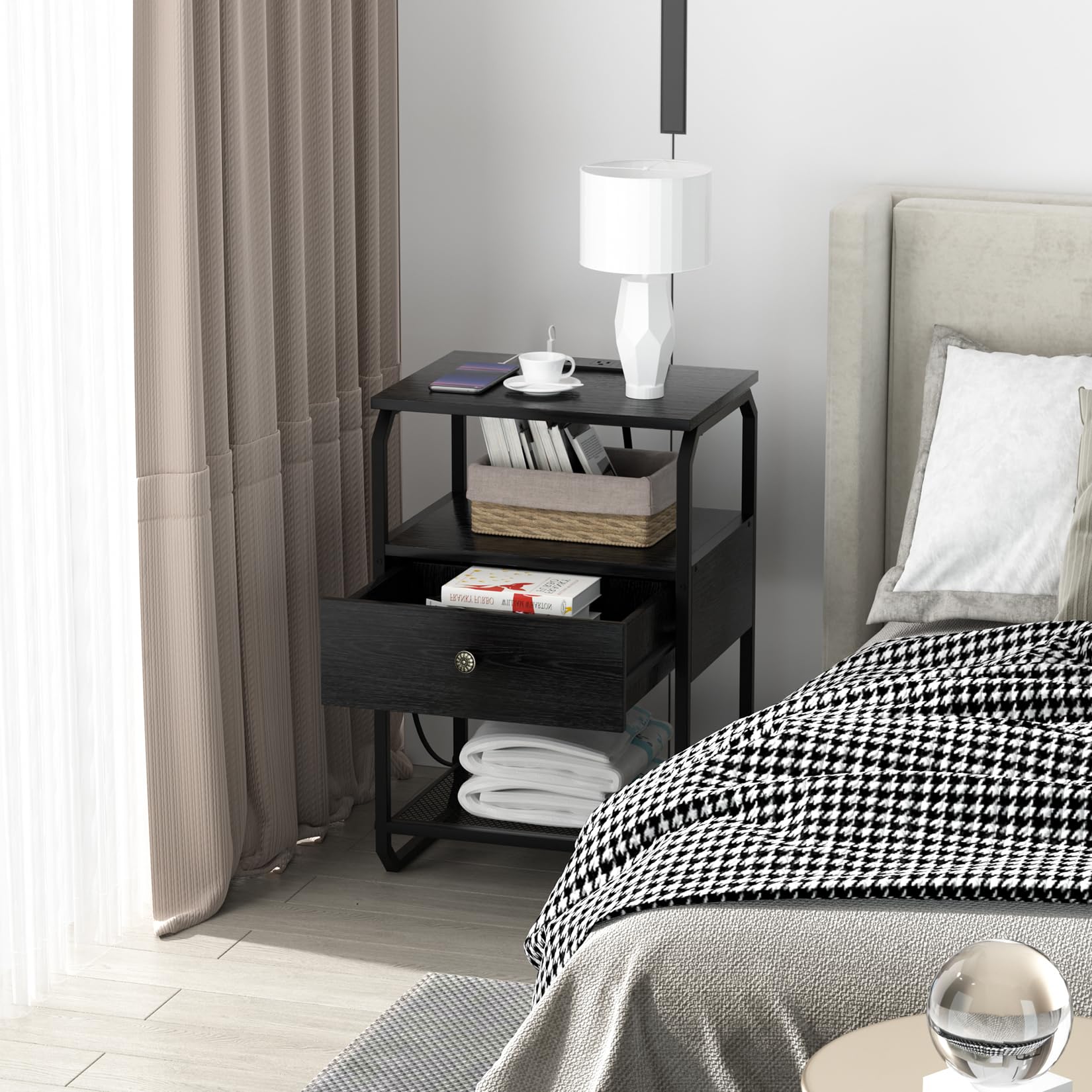 runjuly Black End Table with Charging Station, 3 Tier Night Stand with Wooden Drawer and Storage Shelf, Bedside Table with USB Ports Outlets, Narrow Side Table for Living Room, Bedroom