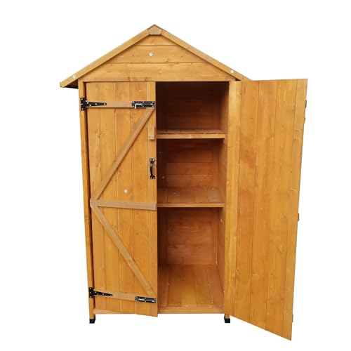 Livavege Outdoor Storage Cabinet with Workstation - Wooden Garden Shed with 3 Shelves and Lockable Door, Outside Waterproof Tool Storage Shed for Patio Furniture, Backyard, Lawn, Meadow, Farmland
