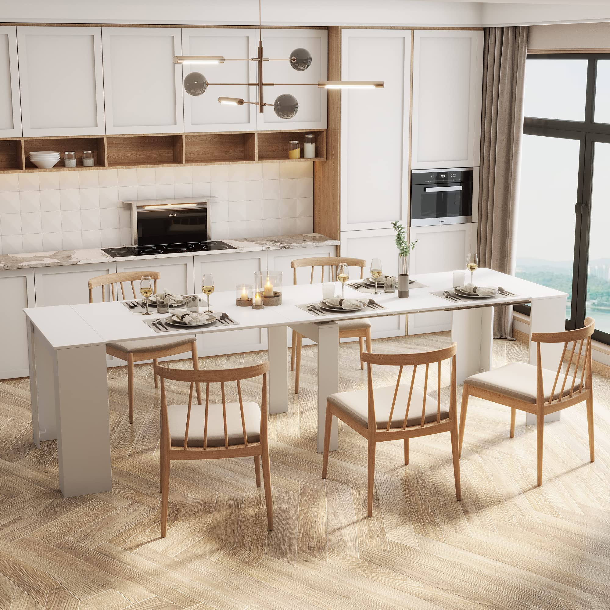 HomVent Expandable Dining Table for 6-12 Person, White Extendable Dining Room Table Wooden Kitchen Table Large Expandable Console Table Extendable from 20" to 118" Dining Table for Small Space