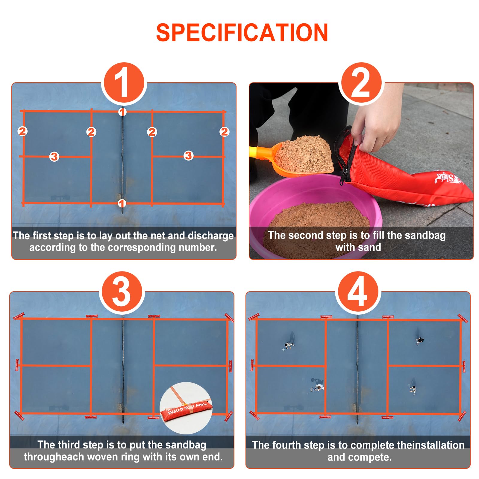 Singker PortablePickleball Court Marking Kit,Innovative, 10 Zippered sandbags Keep thewind from Messing Around,Temporary Pickleball Boundary Lines, 8 Nylon webbings, Net Not Included