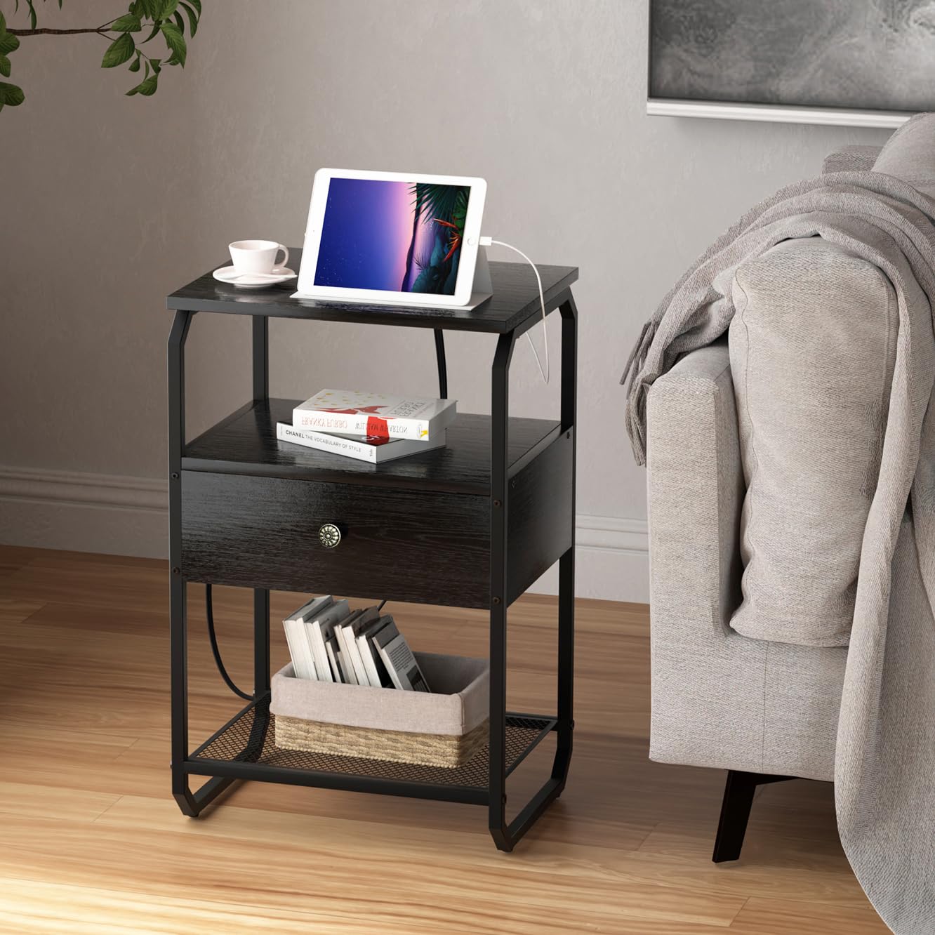 runjuly Black End Table with Charging Station, 3 Tier Night Stand with Wooden Drawer and Storage Shelf, Bedside Table with USB Ports Outlets, Narrow Side Table for Living Room, Bedroom
