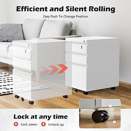 OLIXIS Home Office, File Cabinet Fireproof with Lock, Mobile Storage with Pre-Assembled, 3 Drawer, White