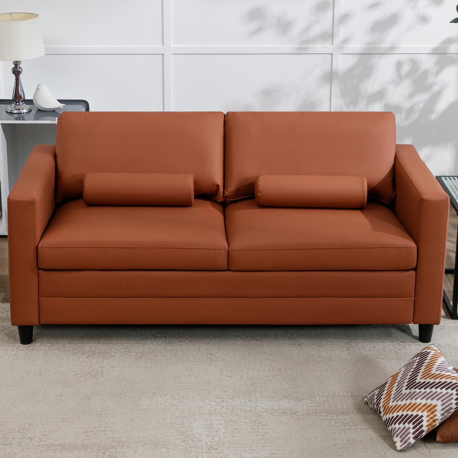 Horgaeo Full Size Pull Out Sofa Bed, 2-in-1 Sleeper Sofa with Cat Scratch Resistant Leather Fabric, Modern Loveseat Couch Bed with Fold Out Mattress for Living Room/Guestroom(Cognac Tan)