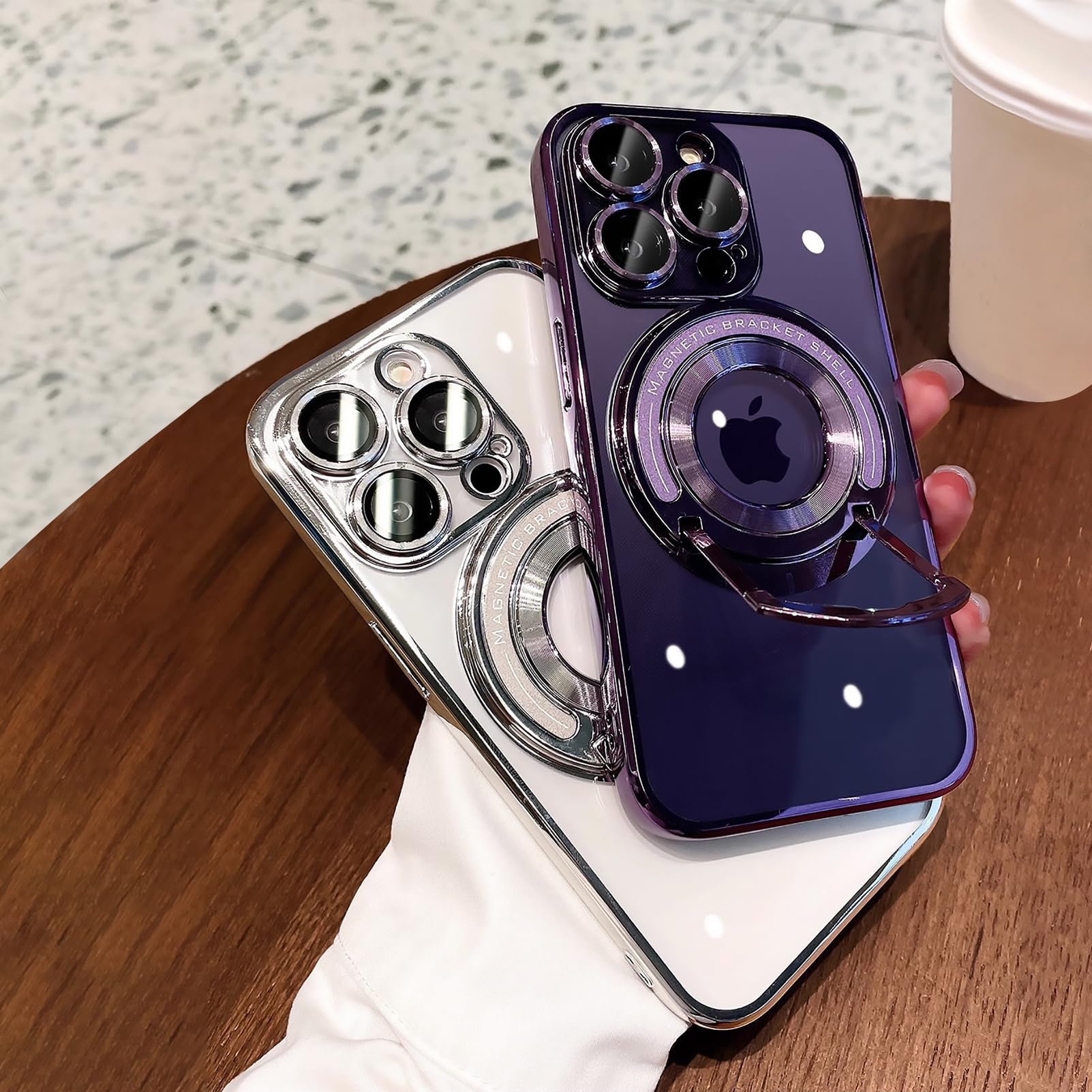 Uioeua Compatible with iPhone 13 Pro Max Magnetic Clear Kickstand Case,Luxury Plating Transparent Bracket MagSafe Case with Full Camera Lens Protector for iPhone 13 Pro Max Women Girl Men-Elegant Pink