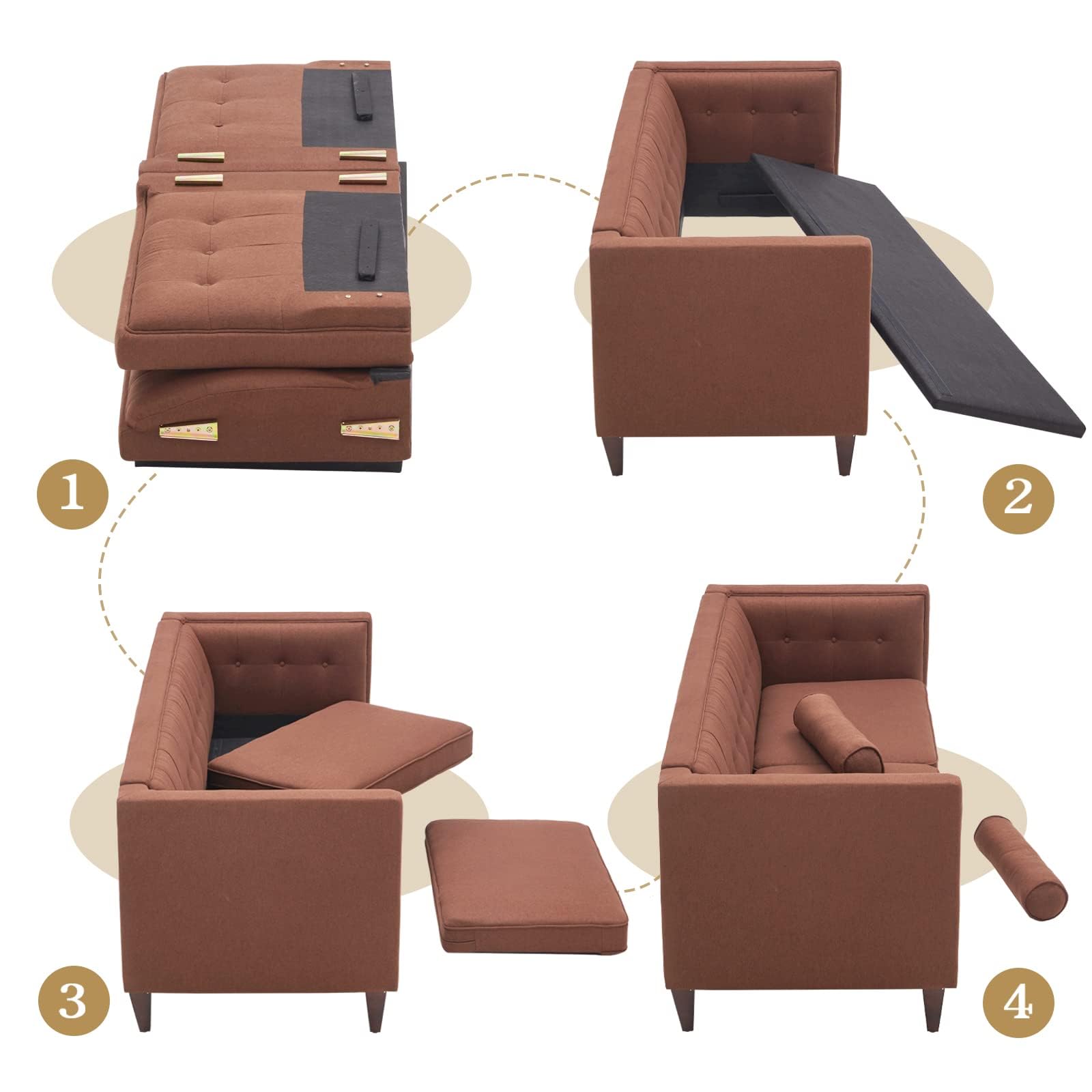 Dreamsir 58Inches Loveseat Sofa, 2 Seater Fabric Sofa Couch with Two Throw Pillows, Solid Wood, Mid Century Modern Couch for Living Room, Small Space, Apartment(Brown) 7097 Linen
