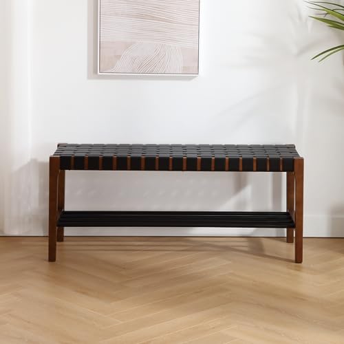 Janoray Solid Wood Bench, Modern 45" Long Dining Bench with Faux Leather Woven Strips & Metal Shelf Comfy Seat for Entryway/Dning Room/Bedroom, Black