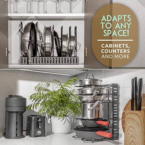 GeekDigg Pot Rack Organizer For Cabinet or Countertop, 3 DIY Methods Pot Rack, Height and Position are Adjustable 8+ Pots and Pan Lid Holder, Black Metal Kitchen Pantry Organizer Upgraded Version