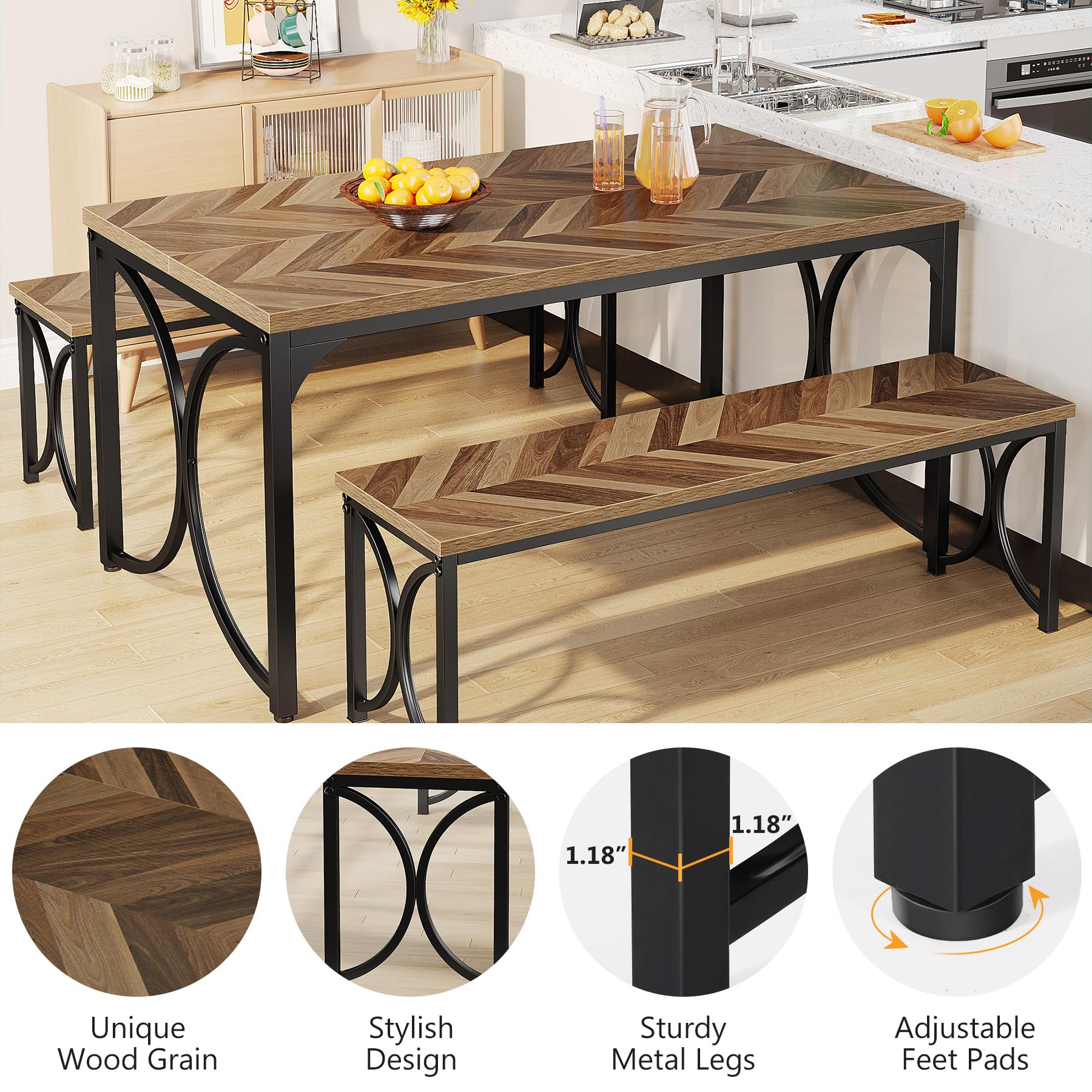 47" Kitchen Dining Table with Bench, Wood Dining Room Table with Benches for 4, Small Dining Table with 2 Benches, 3 Piece Rectangular Dining Table Set for Small Space