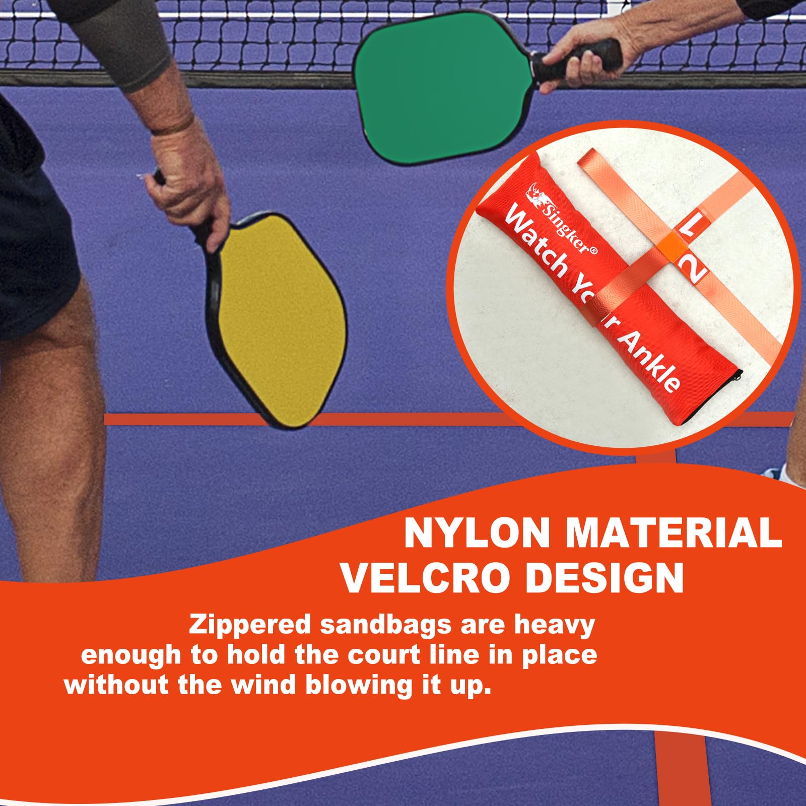 Singker PortablePickleball Court Marking Kit,Innovative, 10 Zippered sandbags Keep thewind from Messing Around,Temporary Pickleball Boundary Lines, 8 Nylon webbings, Net Not Included