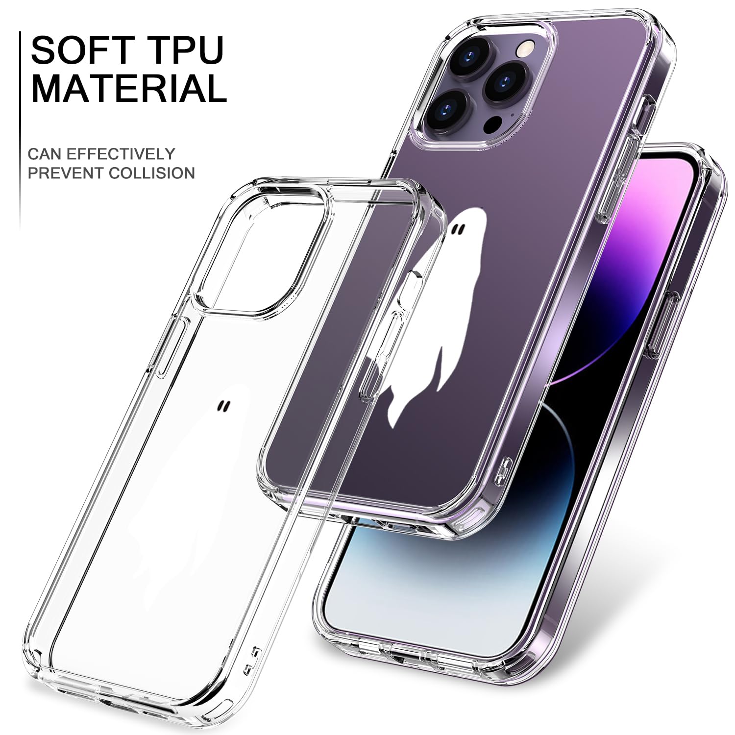 bicol for iPhone 14 Pro Max Case with Clear Fashionable Designs for Women Girls,[with Screen Protector] Slim Fit Shockproof Durable Protective Phone Cover for 6.7 inch,Cute Ghost