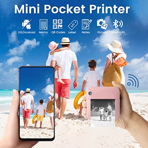 Zeacool Mini Pocket Printer,Portable Thermal Printer for Label,Text Memo,Receipt,Sticker,Photo Printers,BT Inkless Printing,Kids Gift,Wireless Bluetooth Printer Compatible with iOS and Android(Pink)