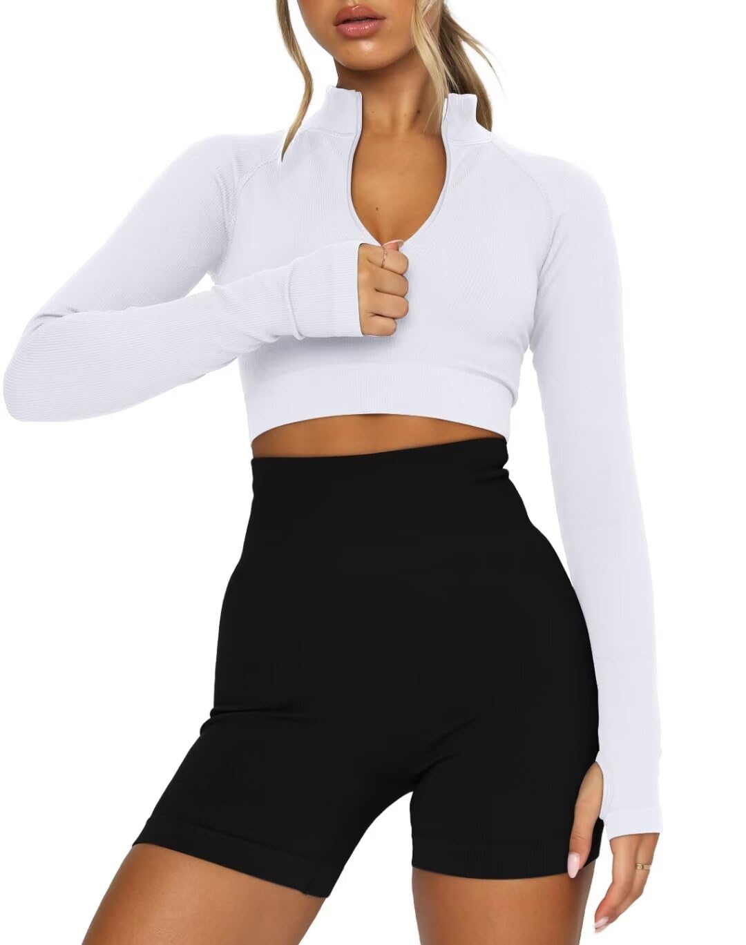 LEEDYA Womens Half Zip Long Sleeve Pullover Shirts Slim Fit Workout Yoga Athletic Top with Thumbholes White L