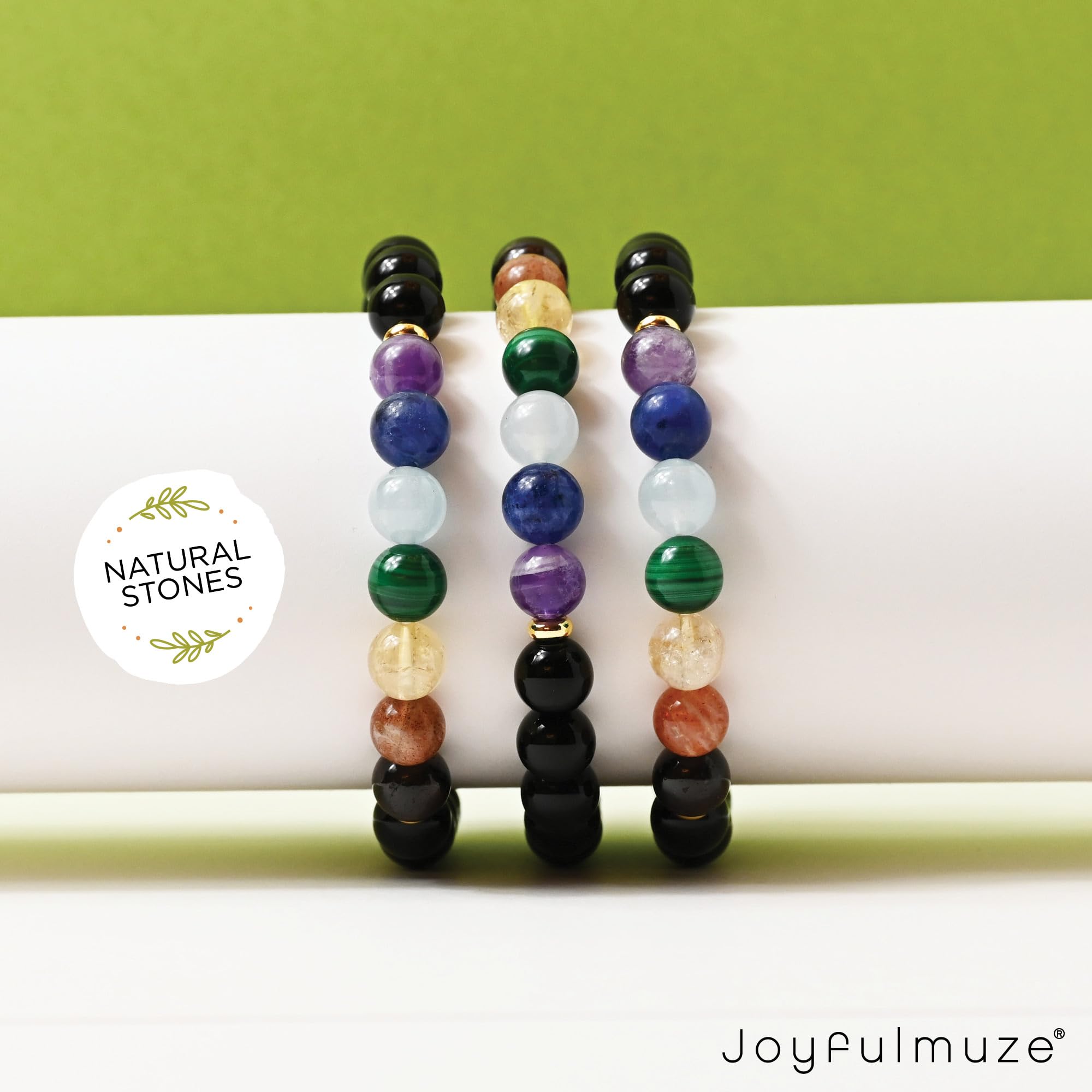 Joyfulmuze 7 Chakras Stretch Bracelet, Natural Stones Black Onyx Citrine Malachite Aquamarine Blue Sodalite Amethyst Garnet Sunstone (Chakra Stones)