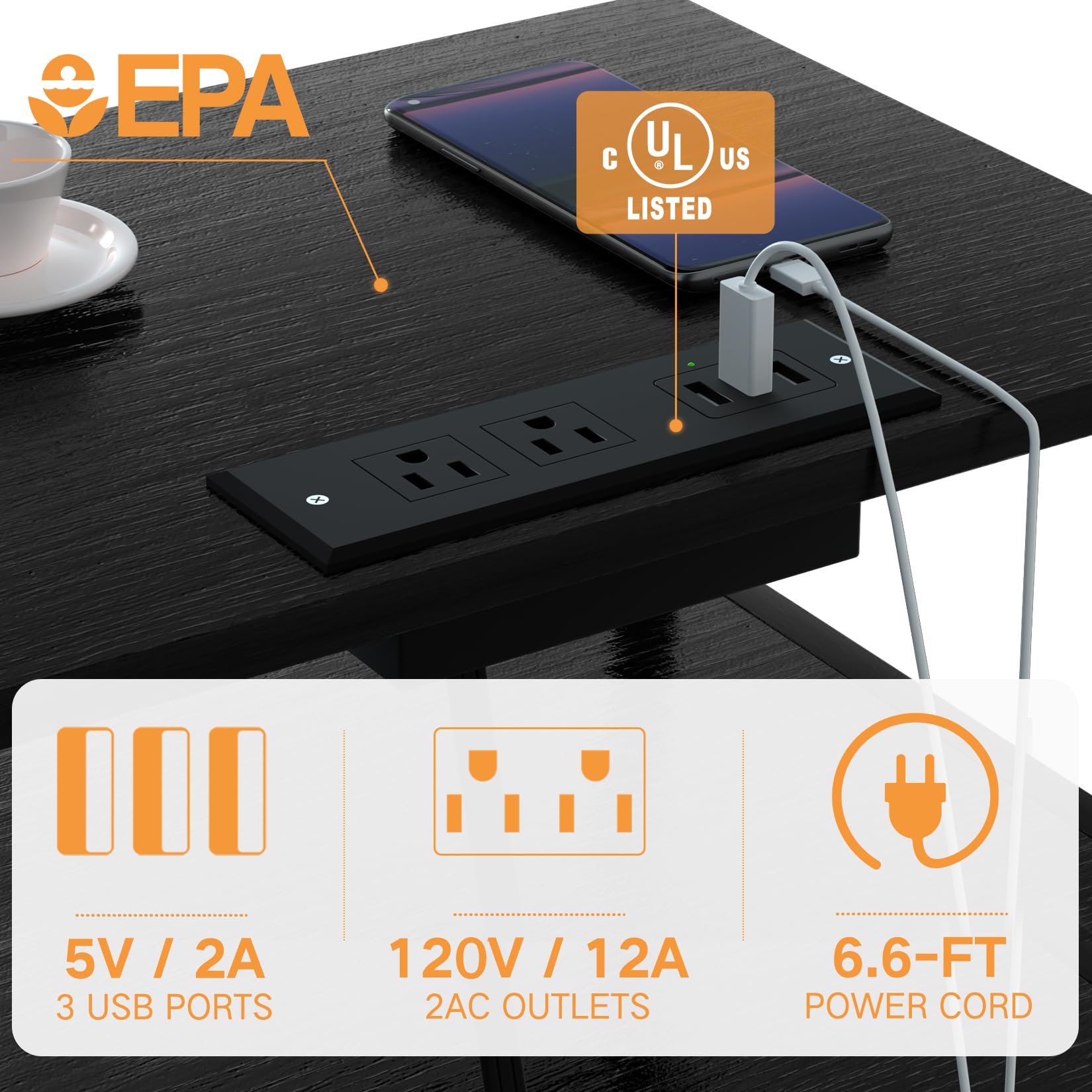 runjuly Black End Table with Charging Station, 3 Tier Night Stand with Wooden Drawer and Storage Shelf, Bedside Table with USB Ports Outlets, Narrow Side Table for Living Room, Bedroom