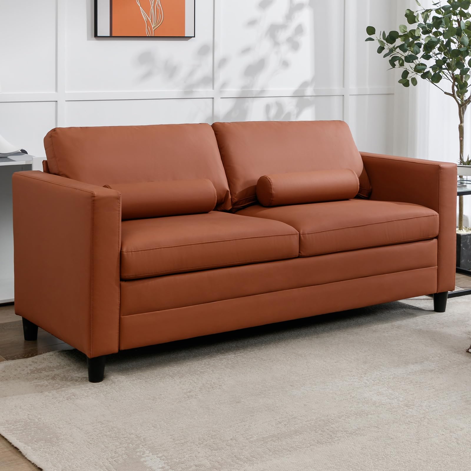 Horgaeo Full Size Pull Out Sofa Bed, 2-in-1 Sleeper Sofa with Cat Scratch Resistant Leather Fabric, Modern Loveseat Couch Bed with Fold Out Mattress for Living Room/Guestroom(Cognac Tan)