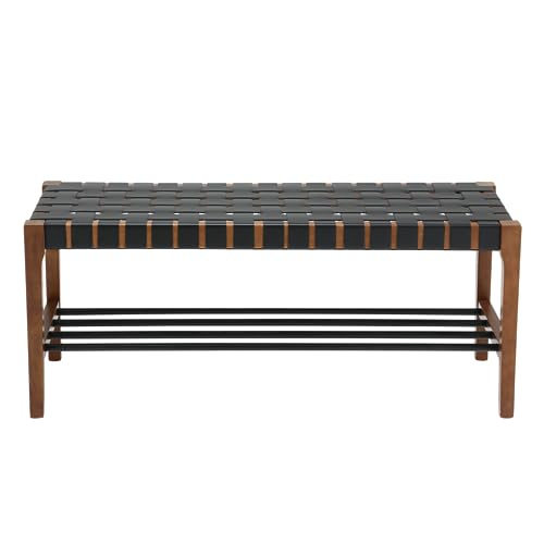 Janoray Solid Wood Bench, Modern 45" Long Dining Bench with Faux Leather Woven Strips & Metal Shelf Comfy Seat for Entryway/Dning Room/Bedroom, Black