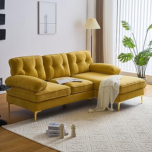 Merax 83.07" Modern Sectional Sofas Couches Velvet Upholstered L Shaped Couches for Living Room, Bedroom,Office,Yellow