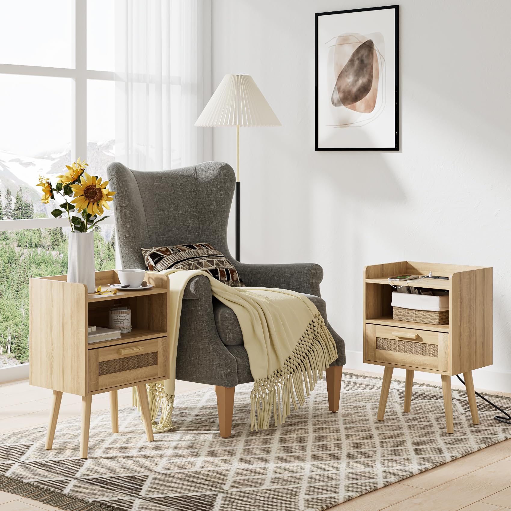 Masupu Nightstand Set of 2, Rattan Nightstand not Charged and Rattan Edge Bedside Table Bundled Products