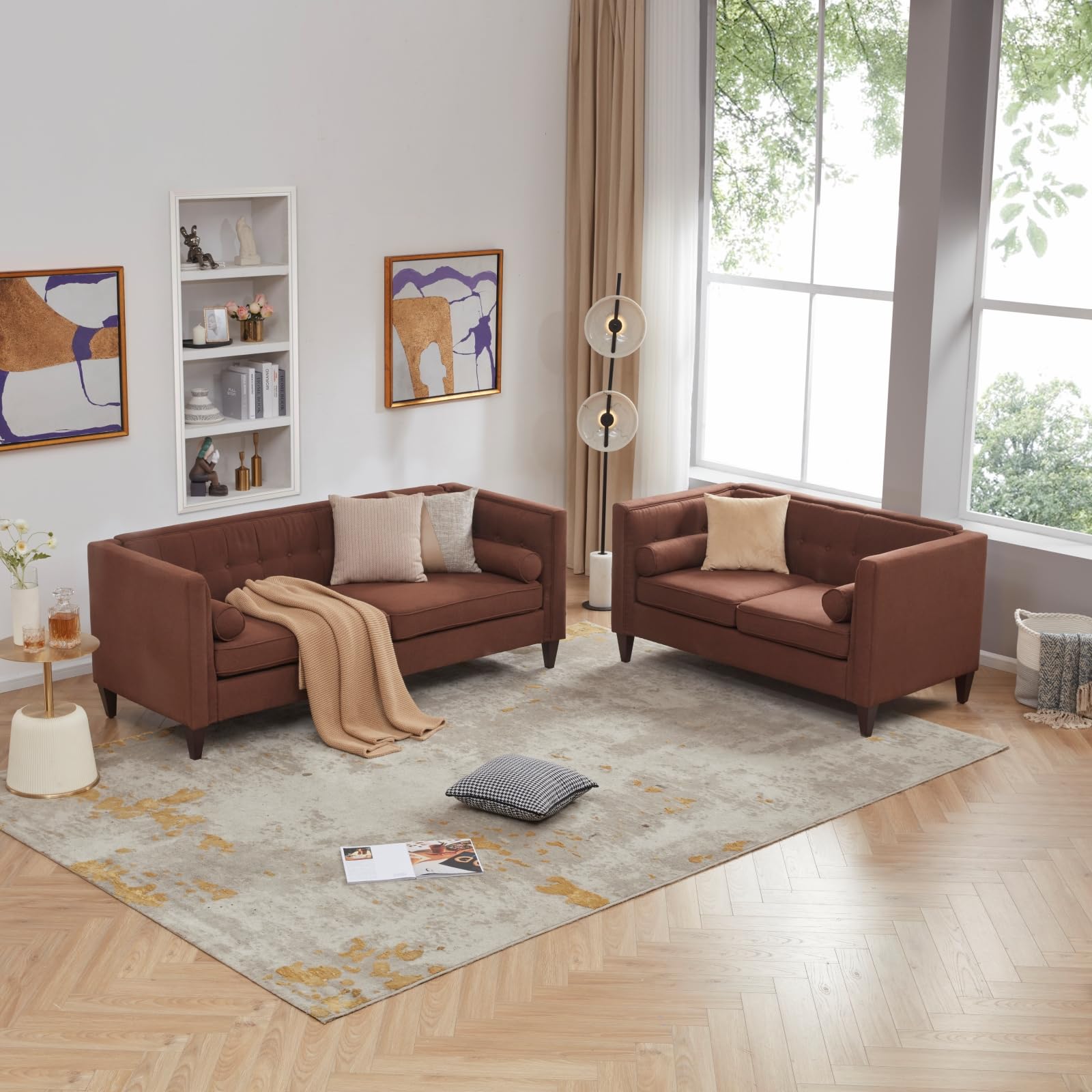Dreamsir 58Inches Loveseat Sofa, 2 Seater Fabric Sofa Couch with Two Throw Pillows, Solid Wood, Mid Century Modern Couch for Living Room, Small Space, Apartment(Brown) 7097 Linen