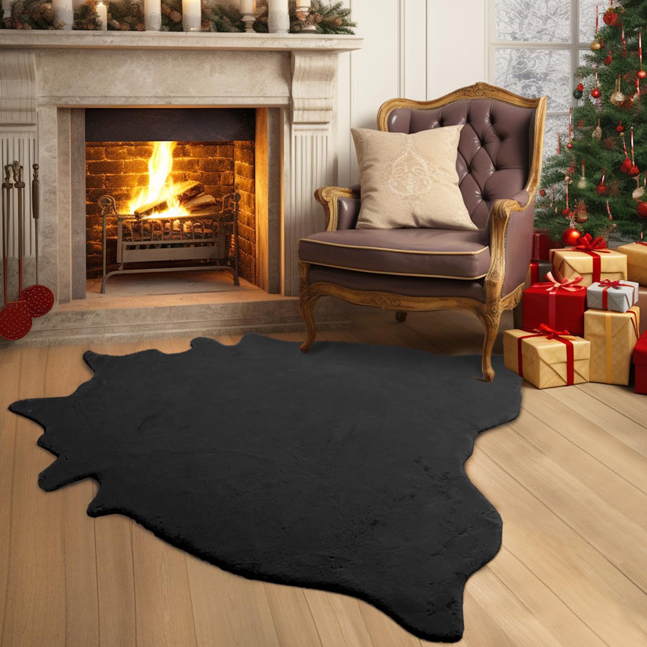 Faux Fur Cowhide Rugs (5 * 7 ft), Machine Washable Cow Print Area Carpet Black Color with Non-Slip Suede Backing, Durable & No Shedding