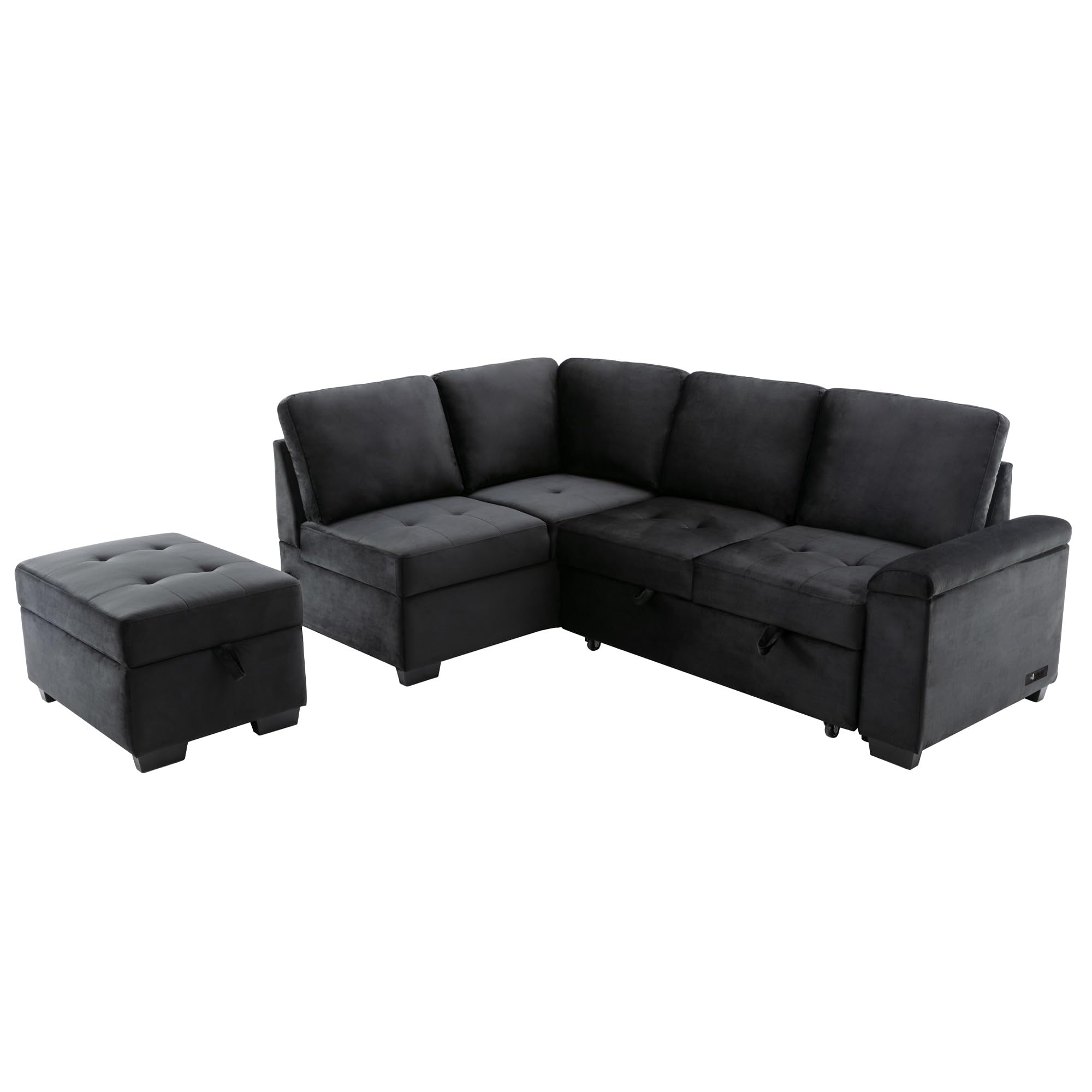 Merax Sleeper Sectional, L-Shape Corner Couch Sofa-Bed with Storage Ottoman, Black