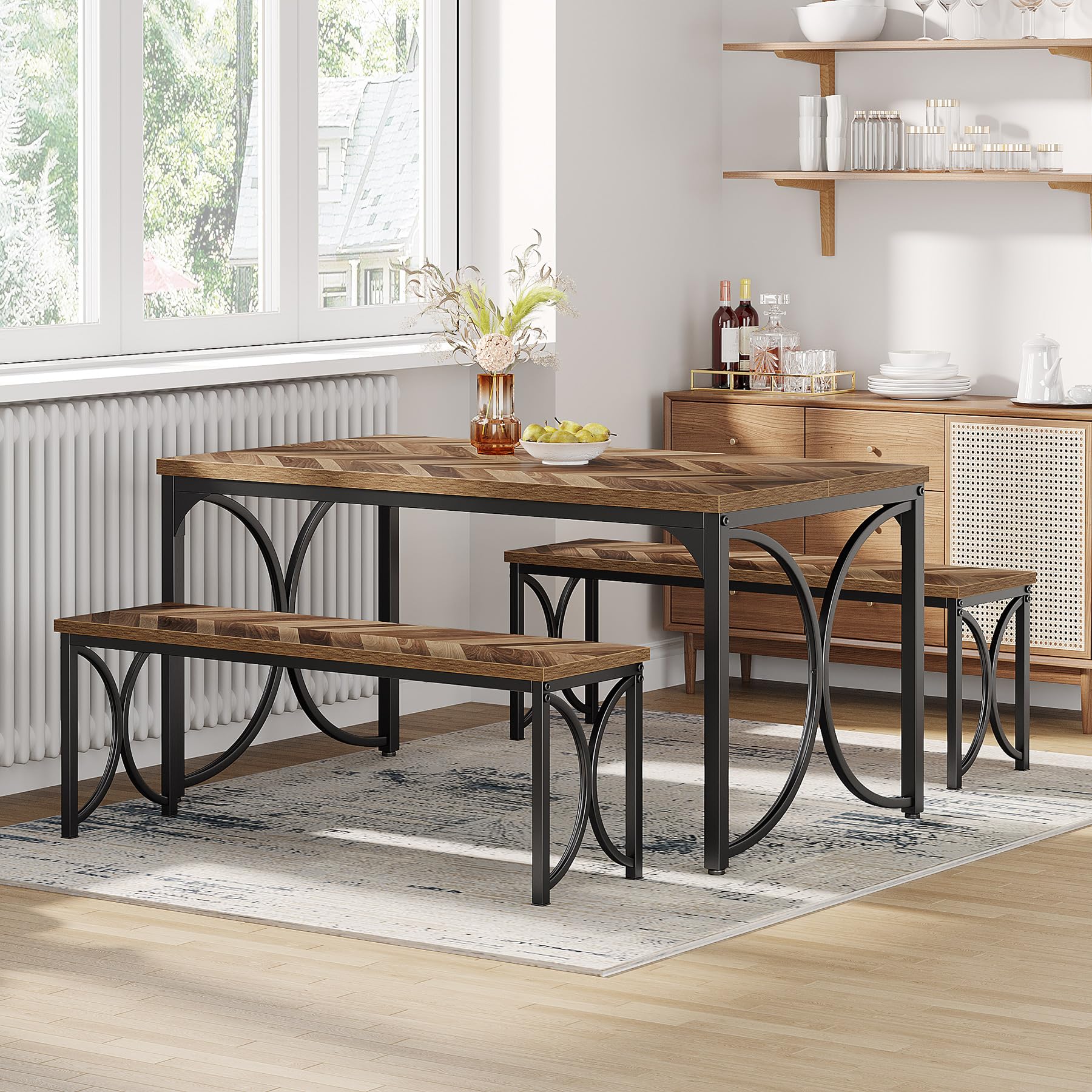 47" Kitchen Dining Table with Bench, Wood Dining Room Table with Benches for 4, Small Dining Table with 2 Benches, 3 Piece Rectangular Dining Table Set for Small Space